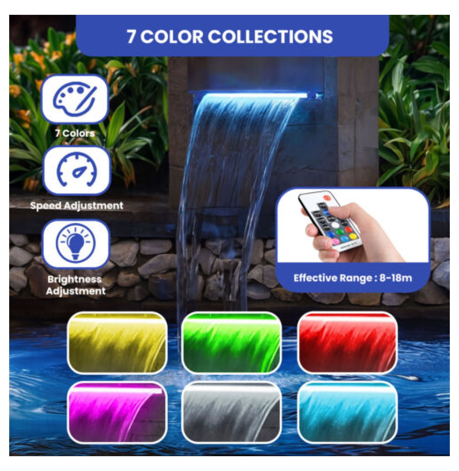 JTAOT 36" Control 7 Colors Pool Fountain Waterfall LED Lights Corrosion ...