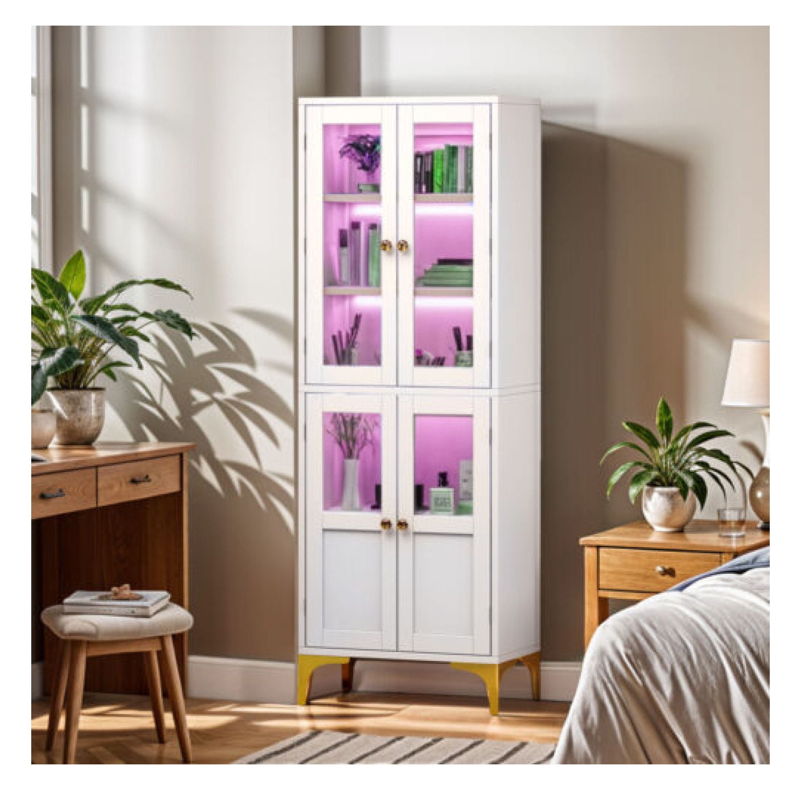 JTAOT 5 Tier Bookcase White Bookshelf Bookcase LED Light Display ...