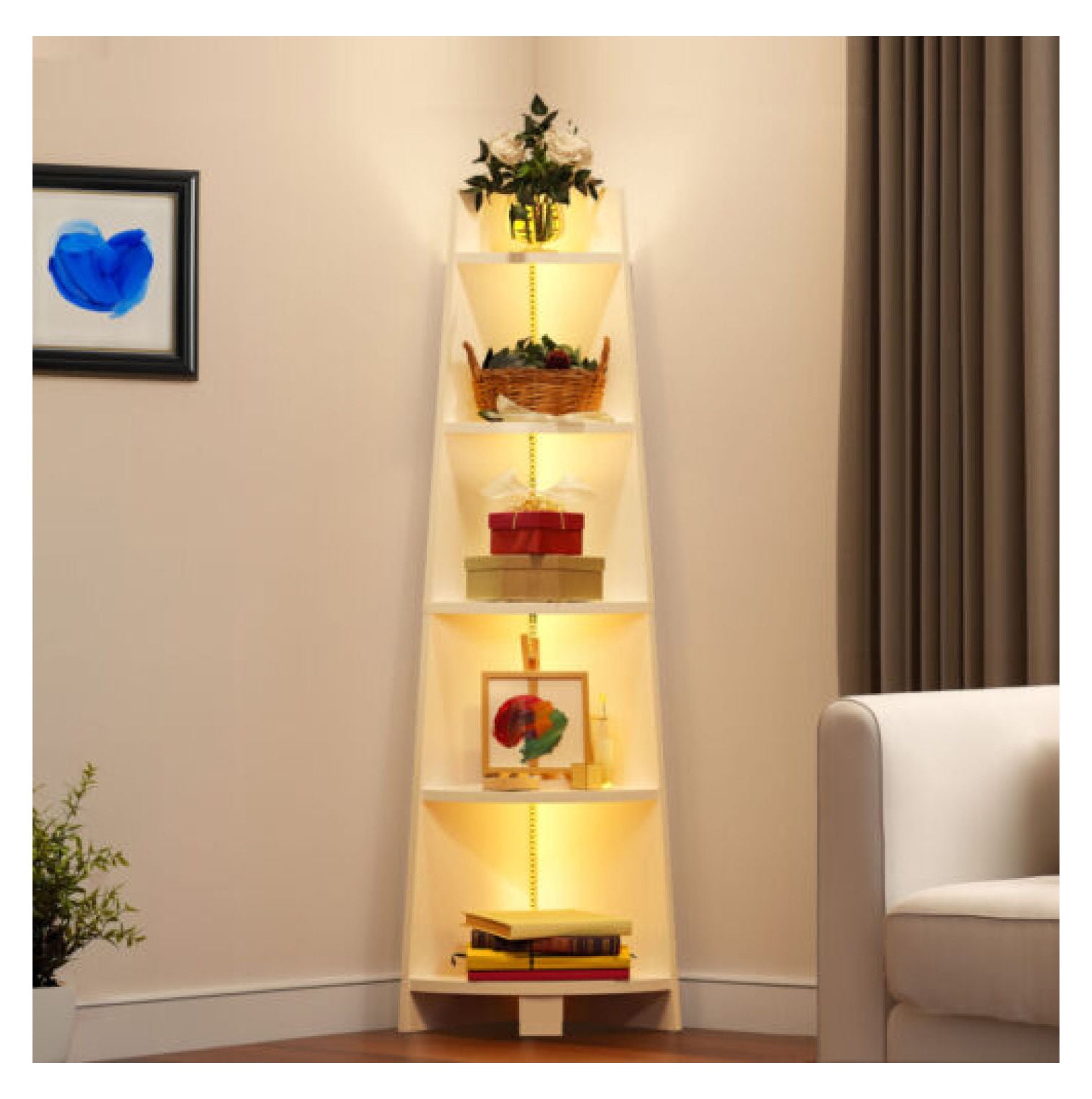 JTAOT 5 Tier Corner Bookshelf Bookcase LED Lights Ladder Shelf Rack ...