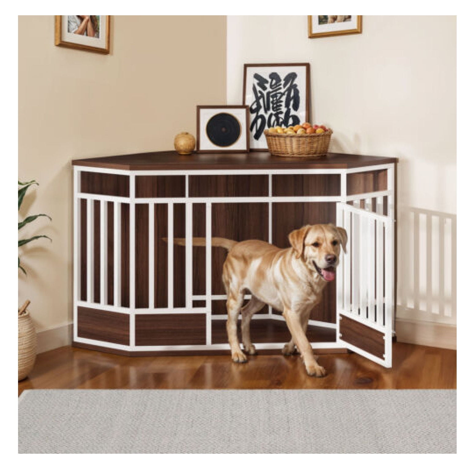 JTAOT 52" Modern Corner Dog Crate with Large Pet Wooden Kennel Heavy ...