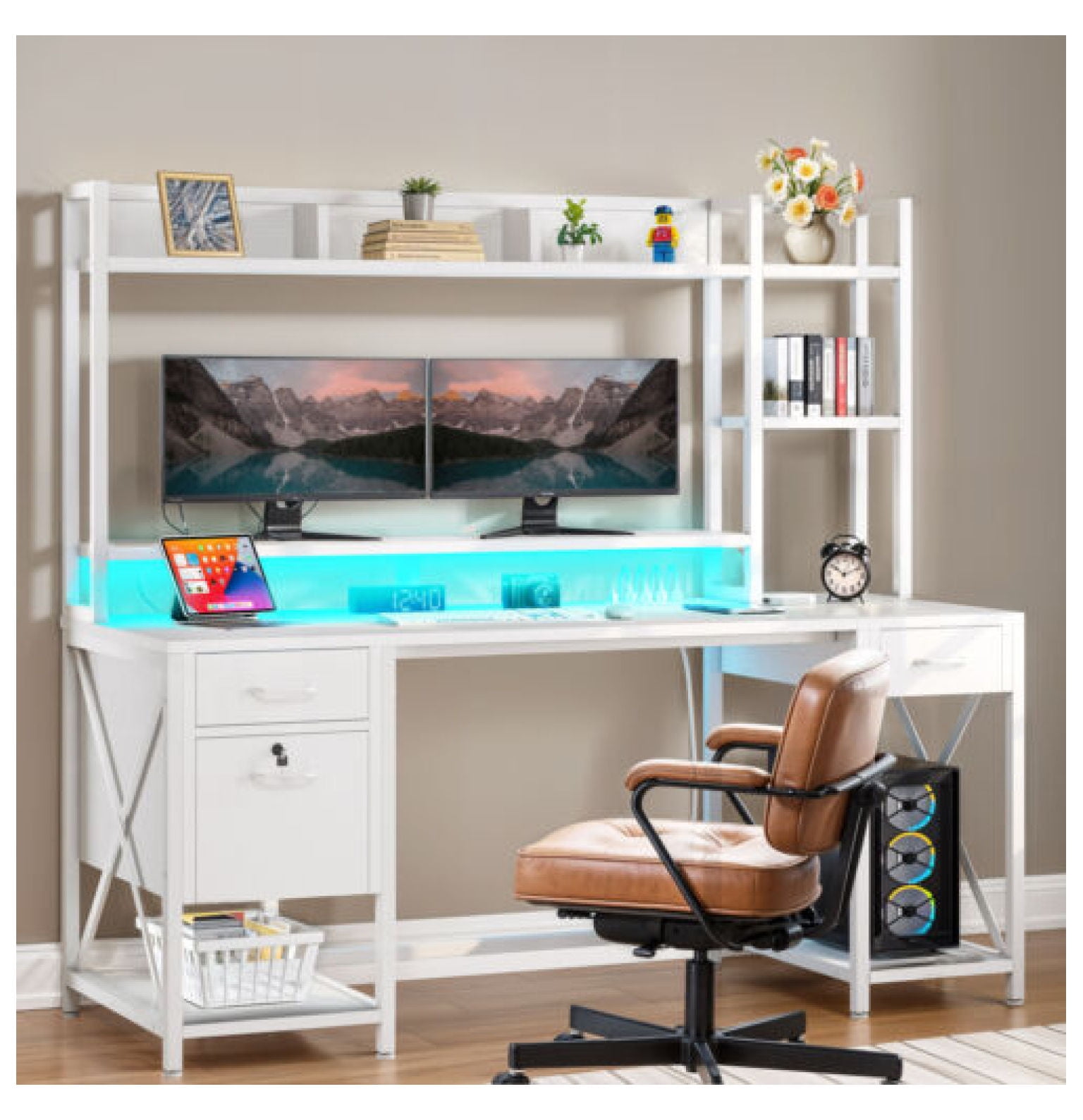 JTAOT 59" Office Computer Desk Power Outlets Storage Shelf Gaming RGB ...