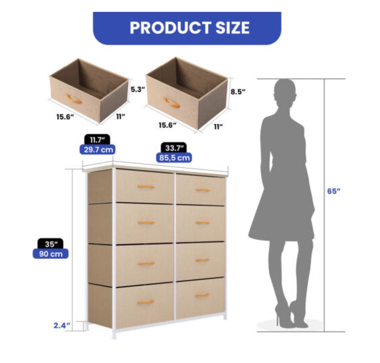 JTAOT 8 Drawers Dresser Fabric 35" Storage Tall Tower Organizer Bedroom ...