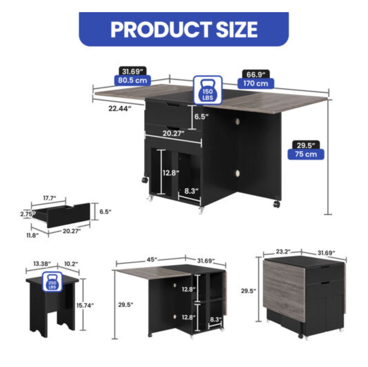JTAOT Folding Dining Table Wheels with 6 Chairs Storage Side Rack ...