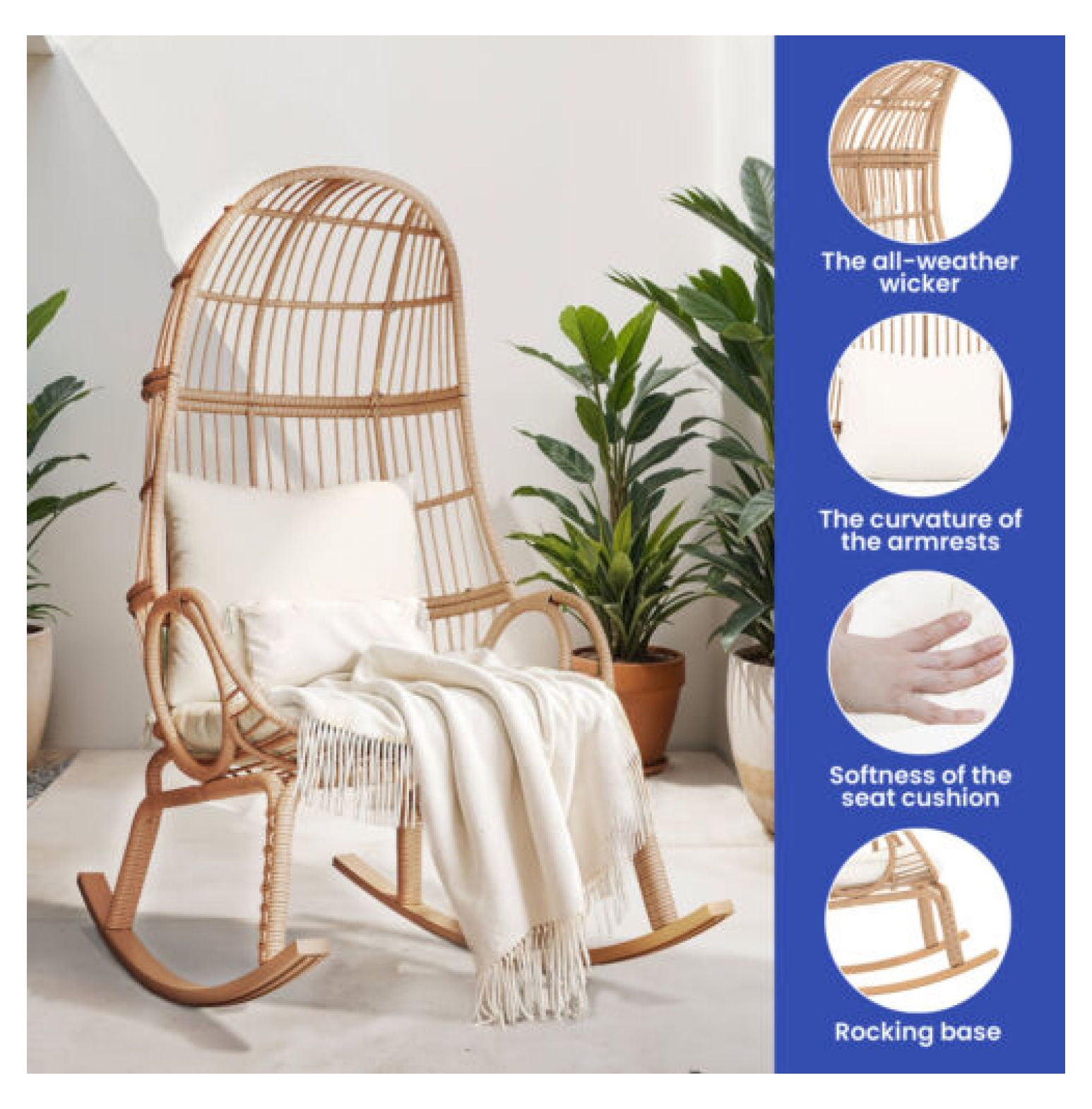 JTAOT Garden Rocking Egg Chair Outdoor Rattan Wicker Teardrop Lounger ...