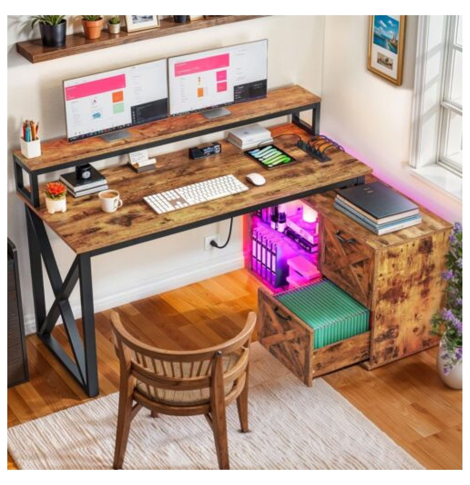 JTAOT Home Office Desk Computer Table Monitor Stand LED Light Drawers ...