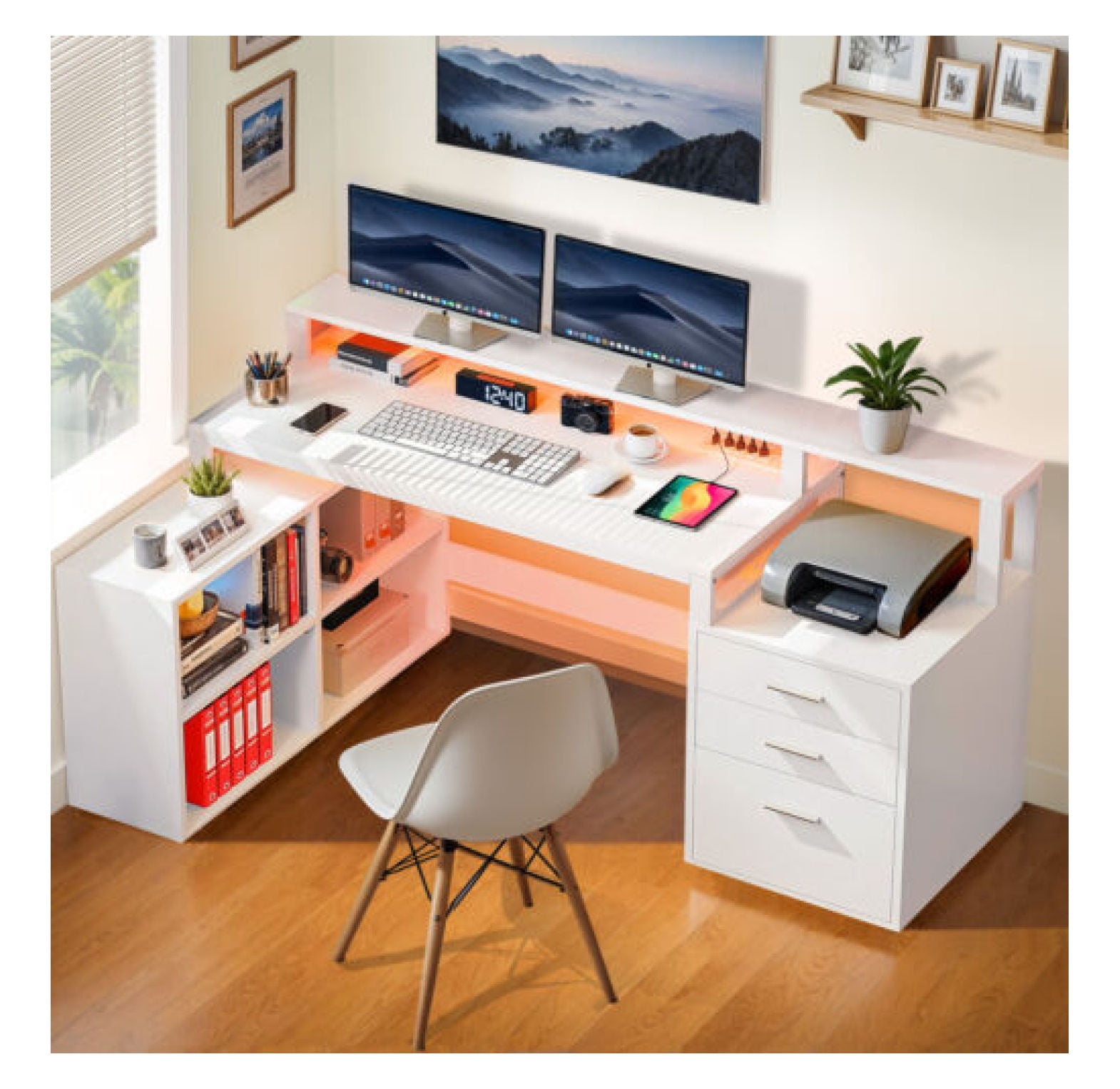 JTAOT Home Office Desk Corner L Shape Table With LED Lights File ...