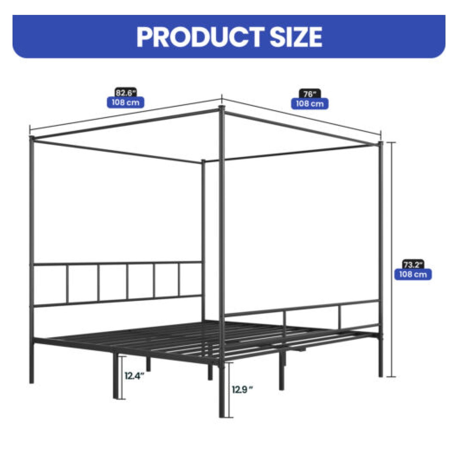 JTAOT King Canopy Bed Frame Black Metallic Under Bed Storage Extra Firm ...