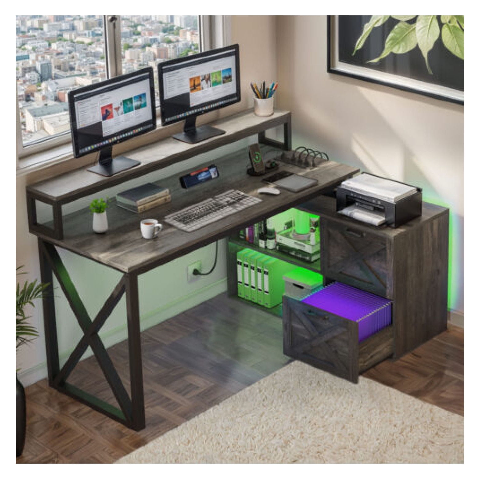 JTAOT L Shaped Home Office Computer Table With Shelves Drawers LED ...