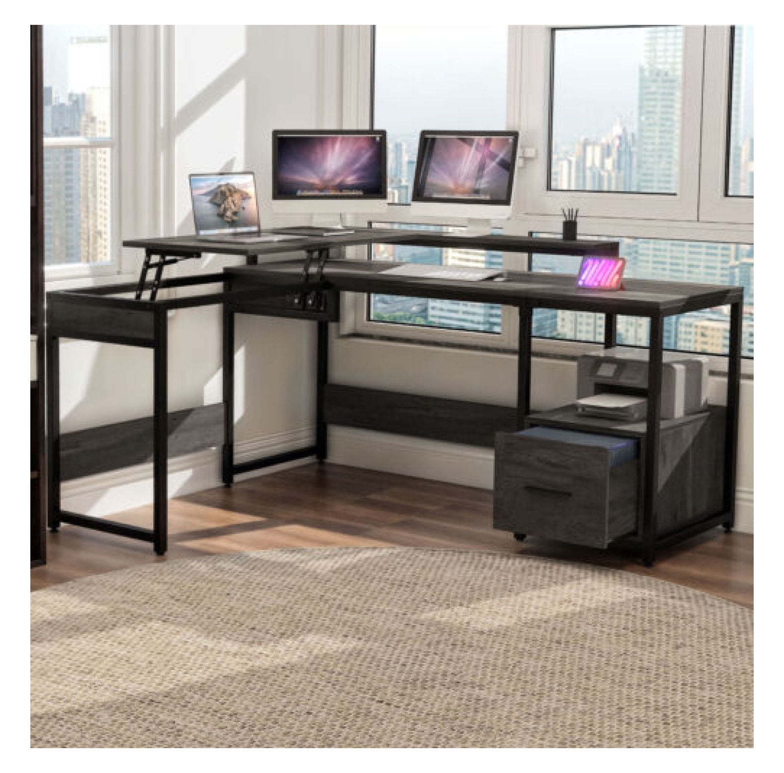 JTAOT L Shaped Office Desk Corner Computer Table Drawer LED Lights ...