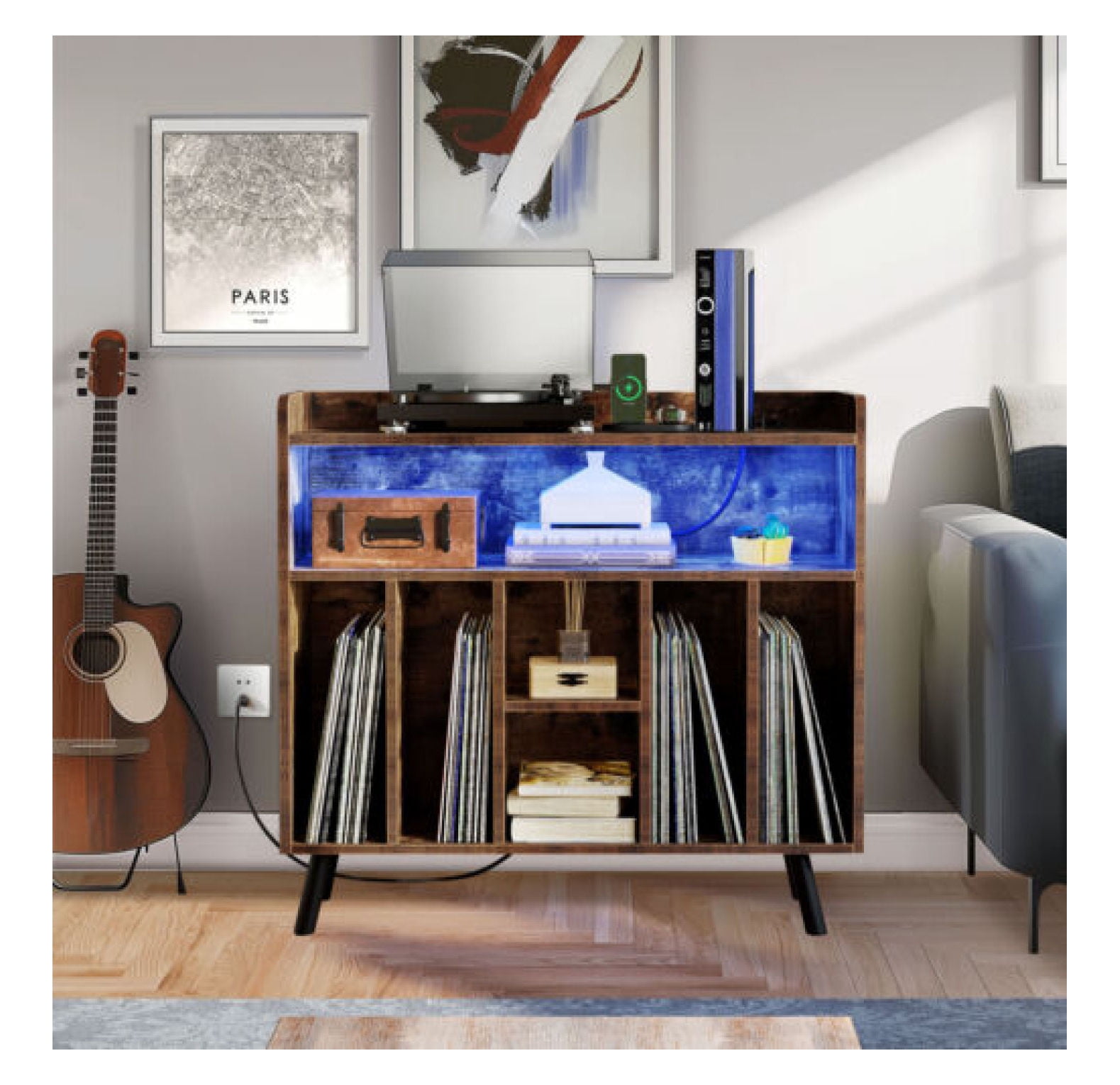 JTAOT LED Vinyl Record Player Stand Turntable Album Cabinet With USB ...