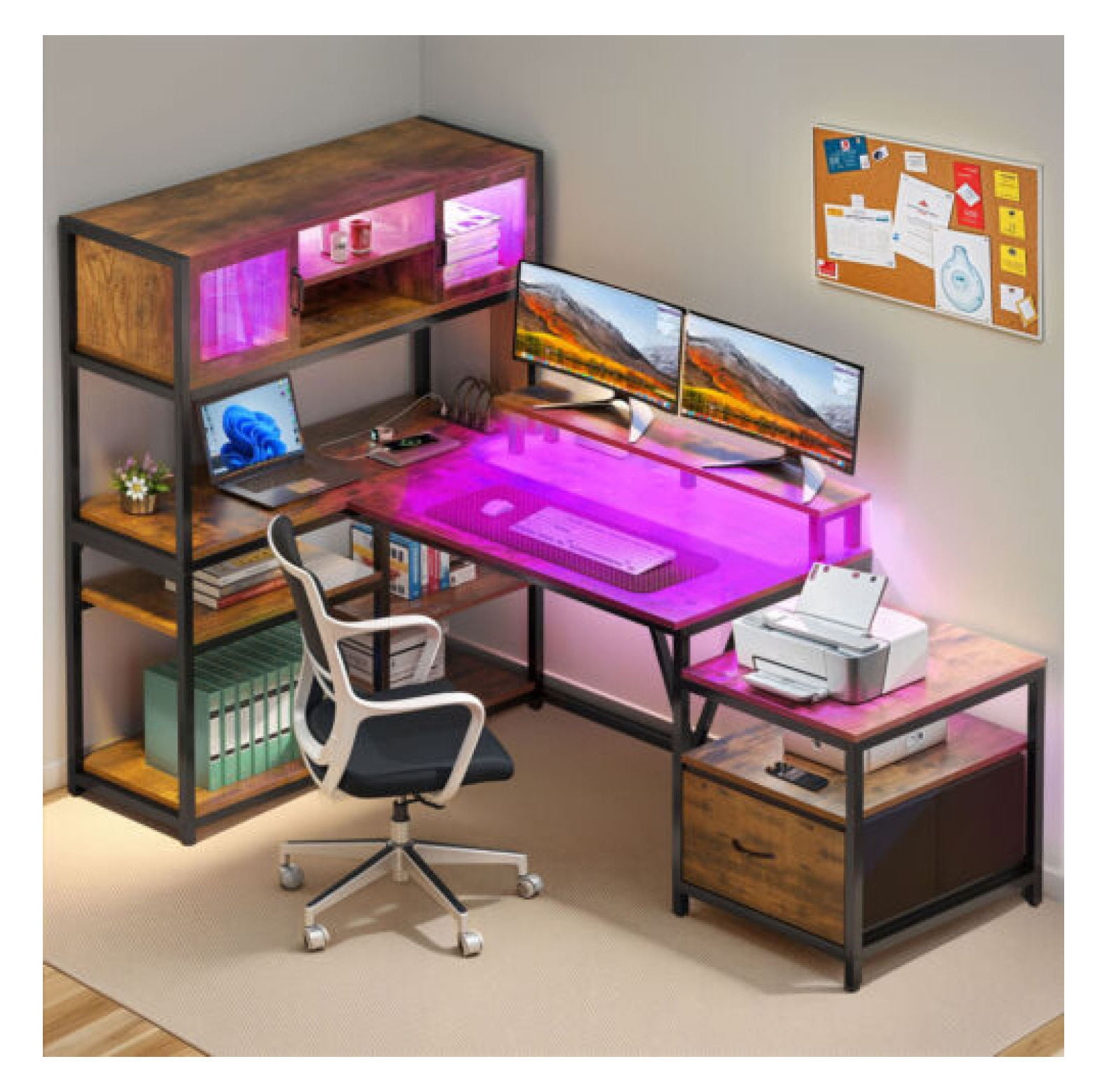 JTAOT Office Computer Desk Wooden Bookshelf Bookcase Rack Drawer Lights ...