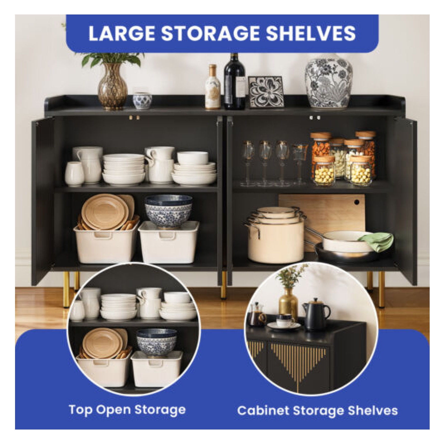 JTAOT Pantry Buffet 55"W Kitchen Utensil Storage Wooden Sideboard ...