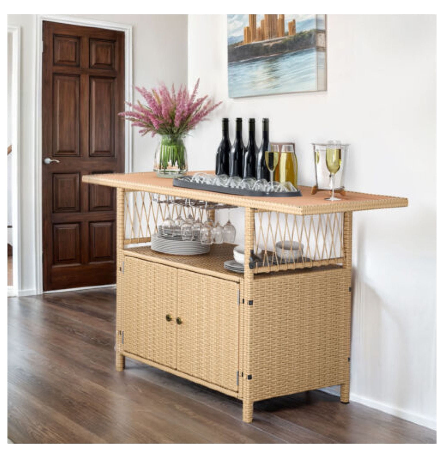 JTAOT Patio Outdoor Bar Storage Cabinet Woven Rattan Wood Table ...