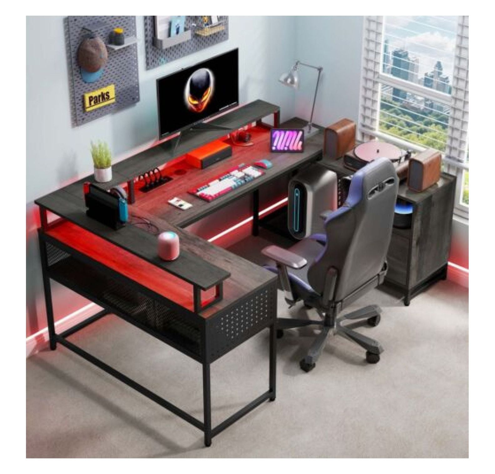 JTAOT U/L Shaped Office Computer Desk Power Outlets Monitor Stand With ...