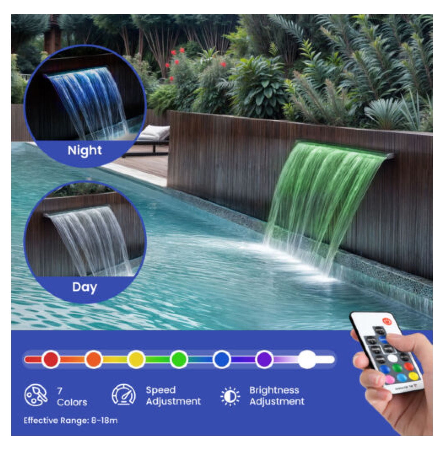 JTAOT Waterfall Fountain 7 Colors LED Light 24" Control Outdoor Pool ...