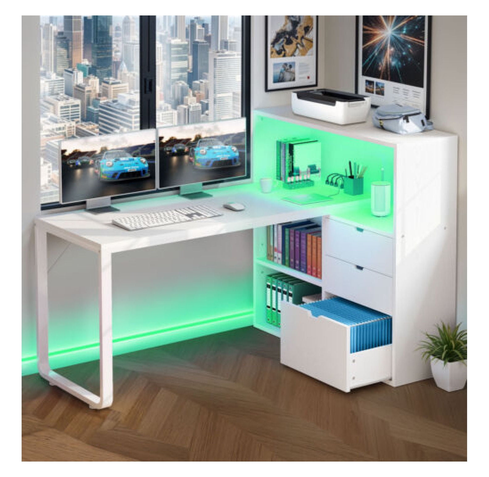 JTAOT White L Shaped Home Office Desk Corner Computer Table Shelves ...