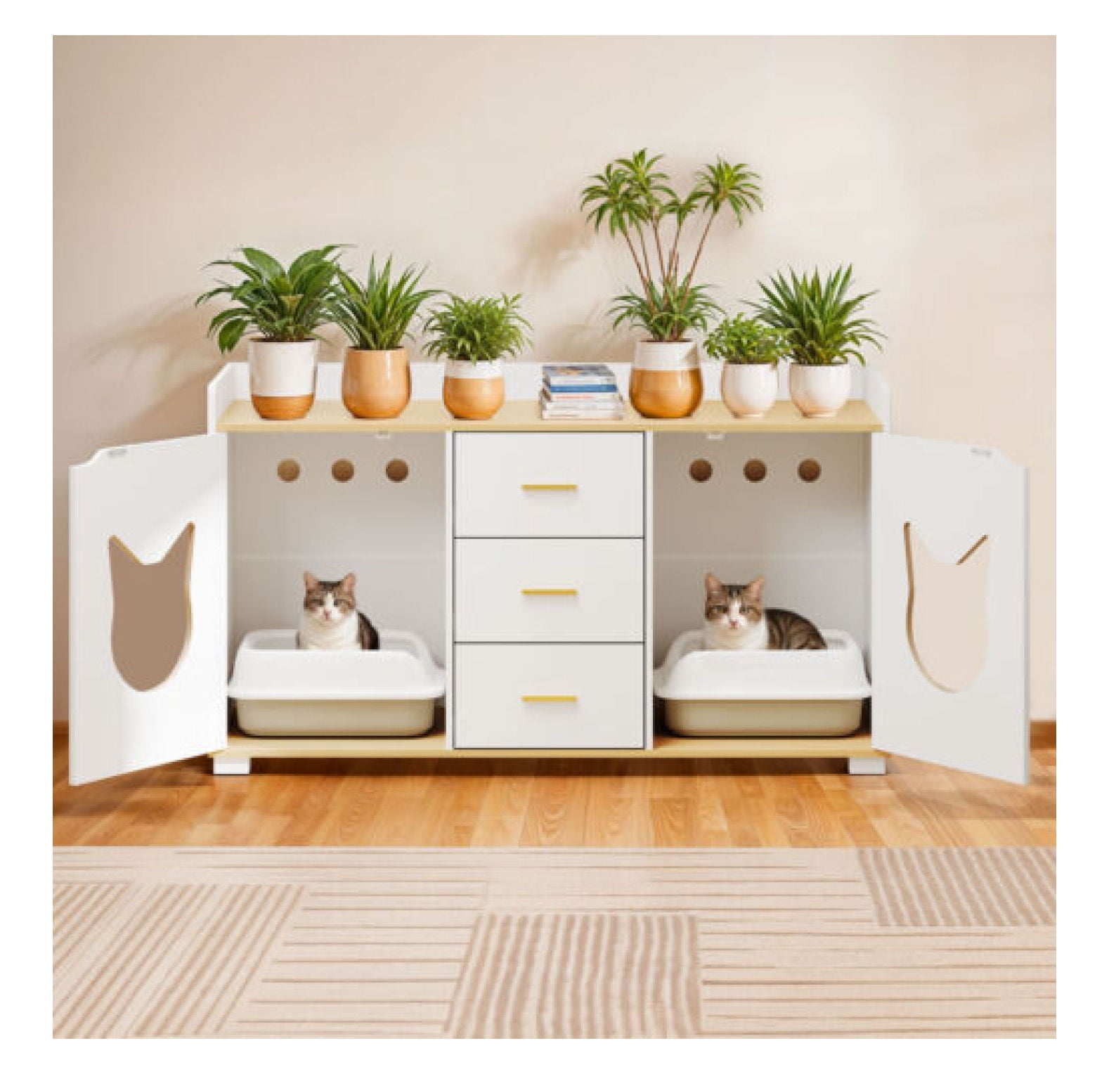 JTAOT Wooden Cat Litter Box White Enclosure Large Double Room for 2 ...