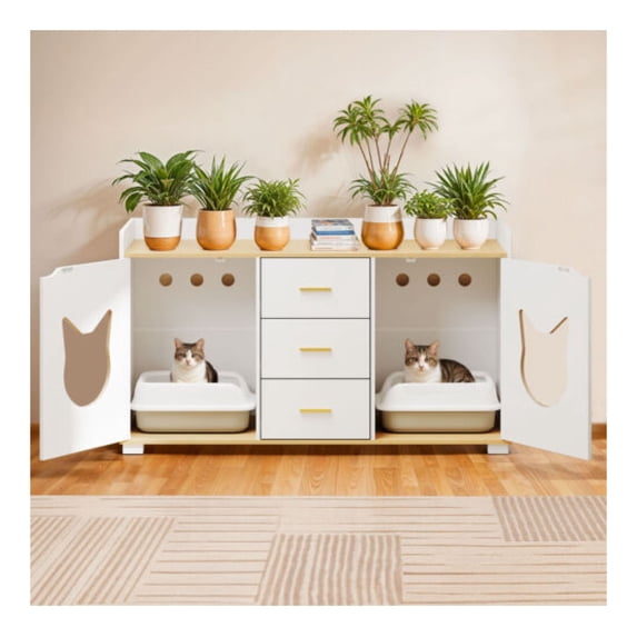 JTAOT Wooden Cat Litter Box White Enclosure Large Double Room for 2 ...