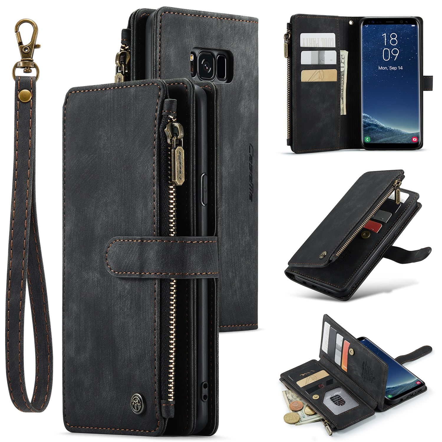 JTCASES for Samsung Galaxy S8 Plus Wallet Case with Zipper Purse Card Holders Flip Stand Wrist ...