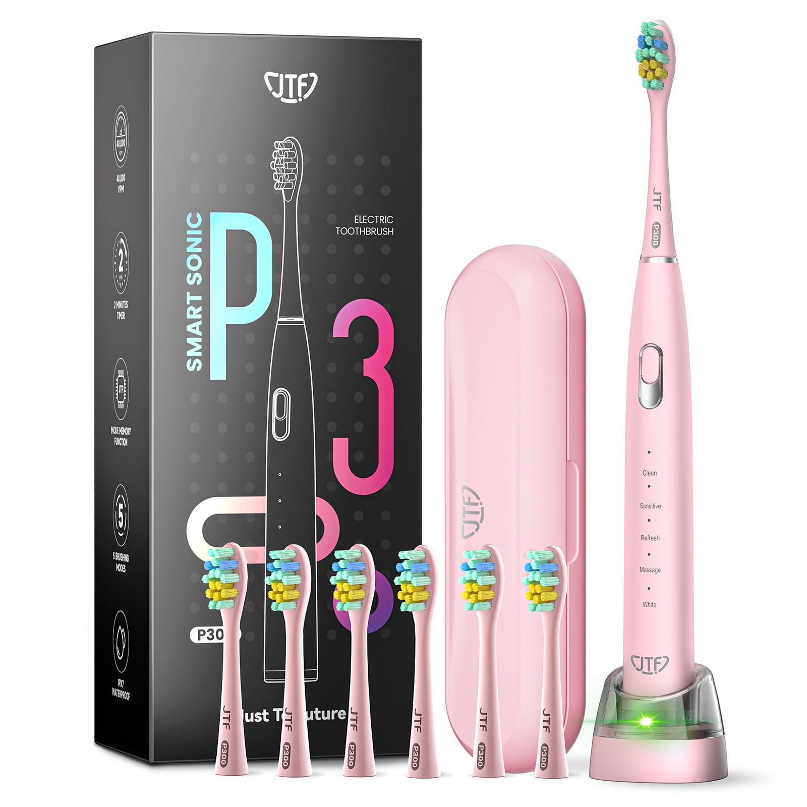 JTF Sonic Electric Toothbrush for Women with Travel Case and 6 Brush ...
