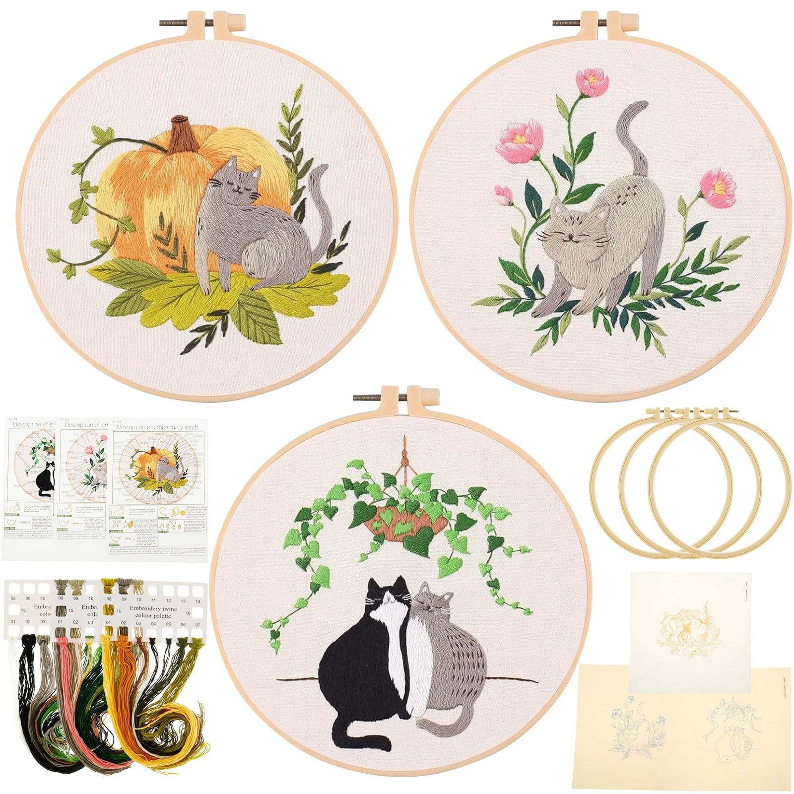 JTNero 3Pack Embroidery Kit Cat Pattern Embroidery Starter Kit DIY ...