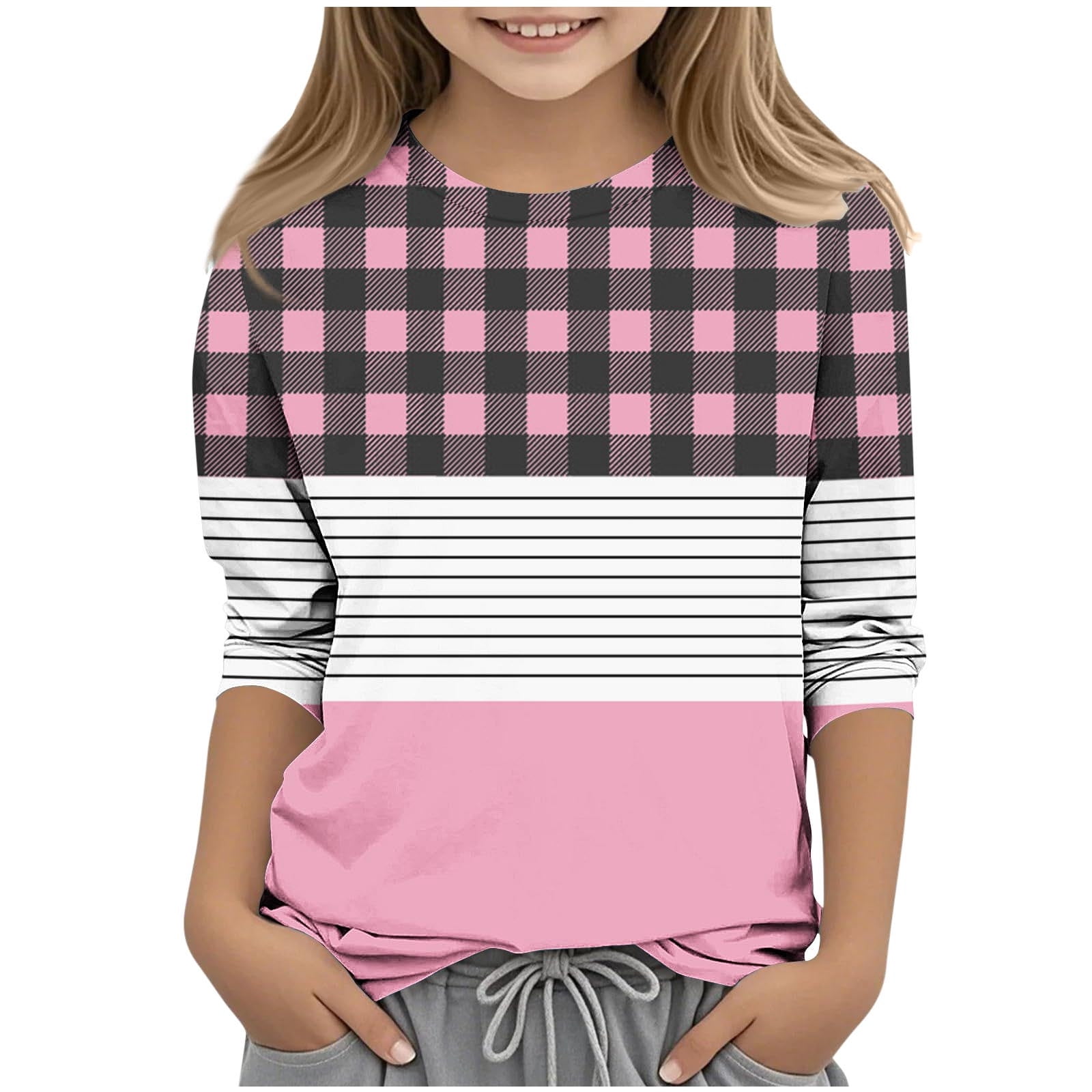JTSRKL Fall Shirts Teen Girls Cute 3/4 Lenght Sleeve Plaid Striped ...
