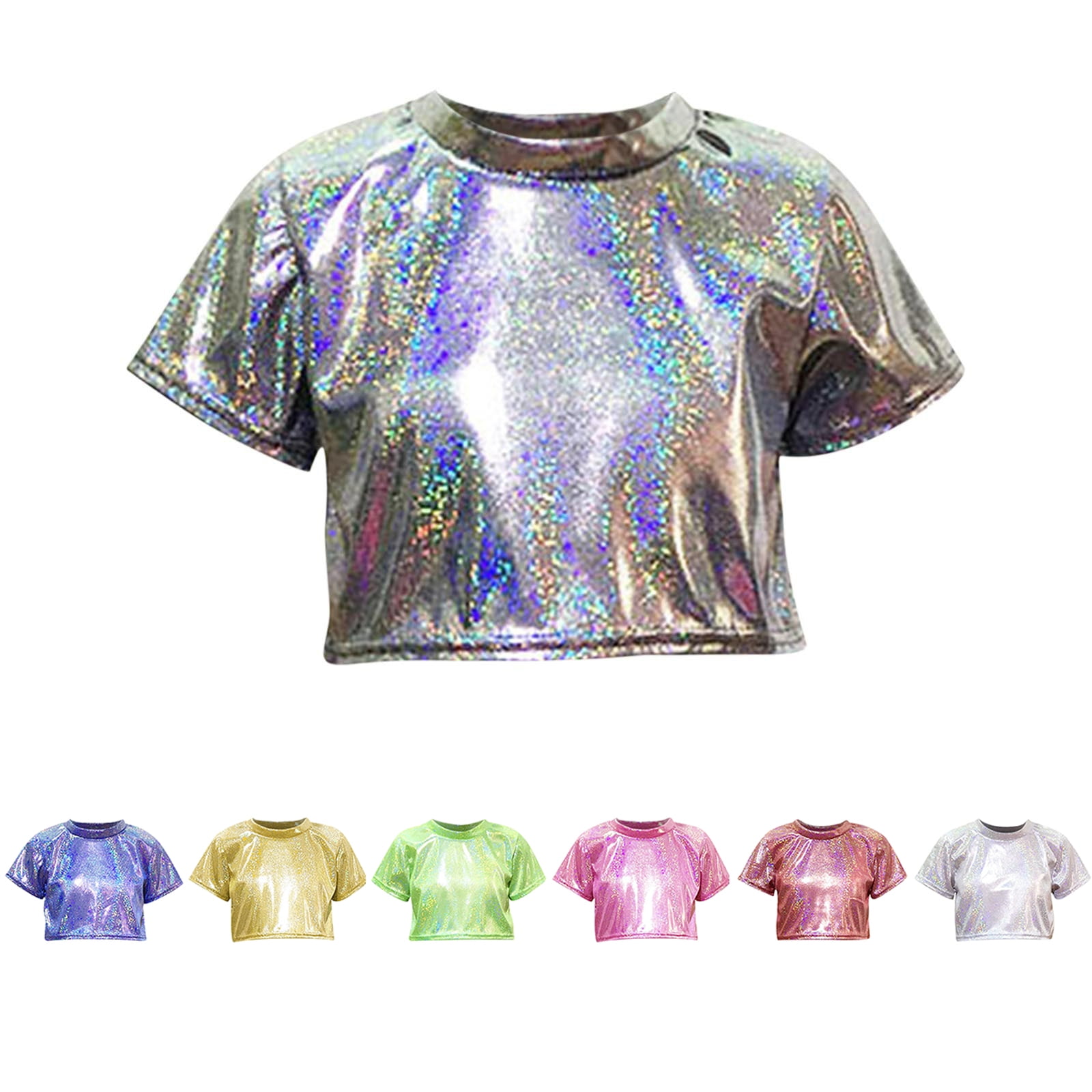JTSRKL Kids Girls Shiny Metallic Dance Cropped Tops Short Sleeve Tanks ...