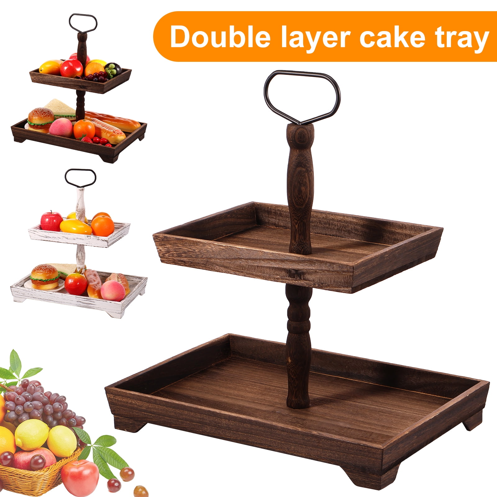 JTWEEN 2-Tier Tray Stand Two Tier Tray Wood Farmhouse for Food Kitchen ...