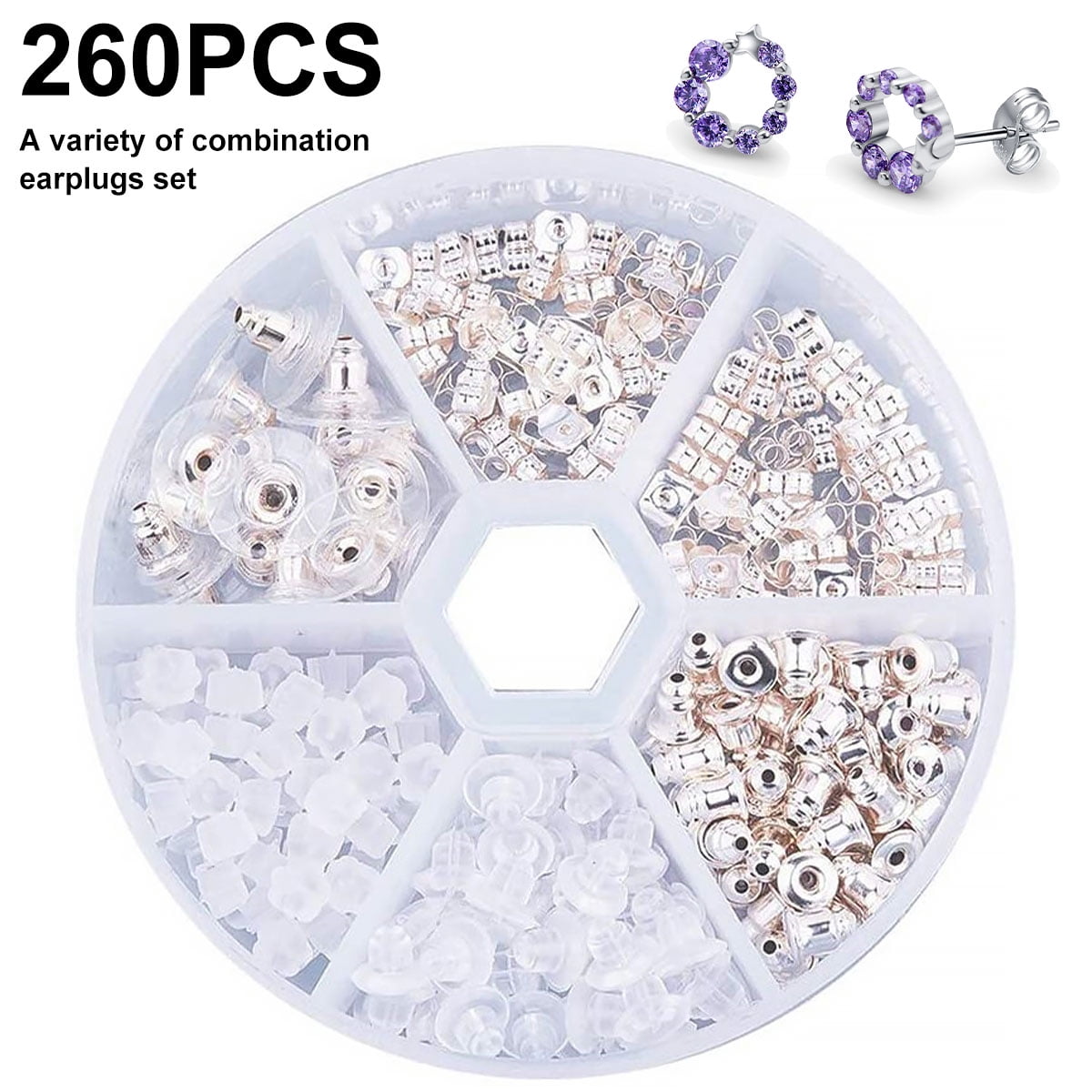 JTWEEN 260Pcs Earring Backs Set Silicone Metal Earring Backs with Box 5 ...