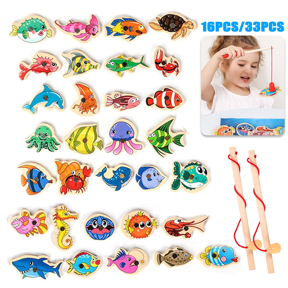 JTWEEN 33/16pcs Wooden Magnetic Fishing Game Toys Set with Fish Rod ...