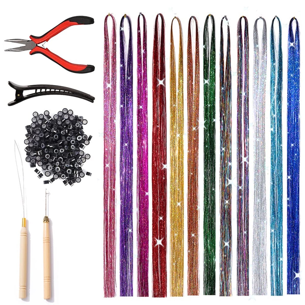 Rzvnmko Colorful Hair Tinsel Kit with Tools, 12 Colors 2400 Strands ...