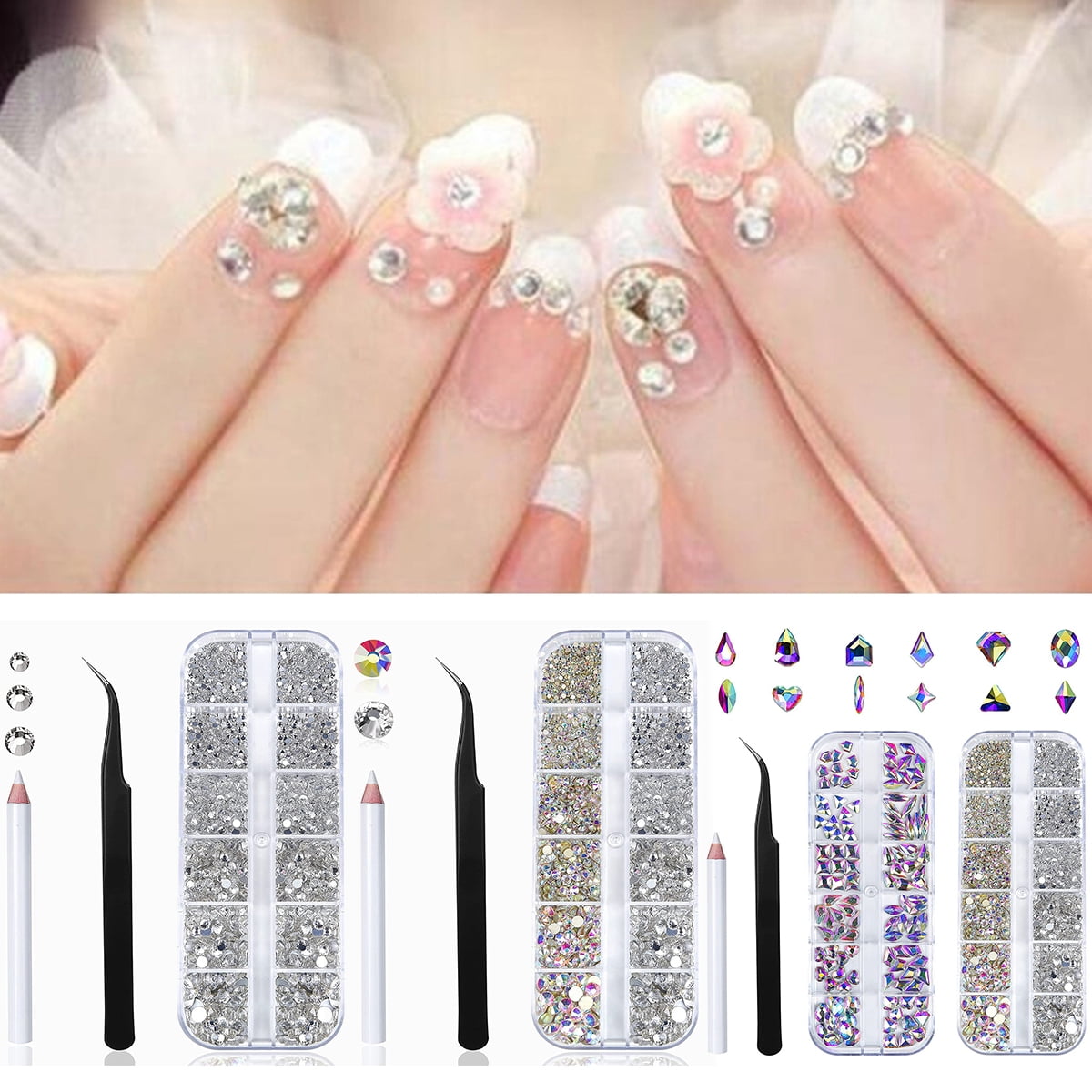 JTWEEN Nail Art Rhinestones Kit 2400pcs 6 Sizes Nail Gems Ab Flat Back ...