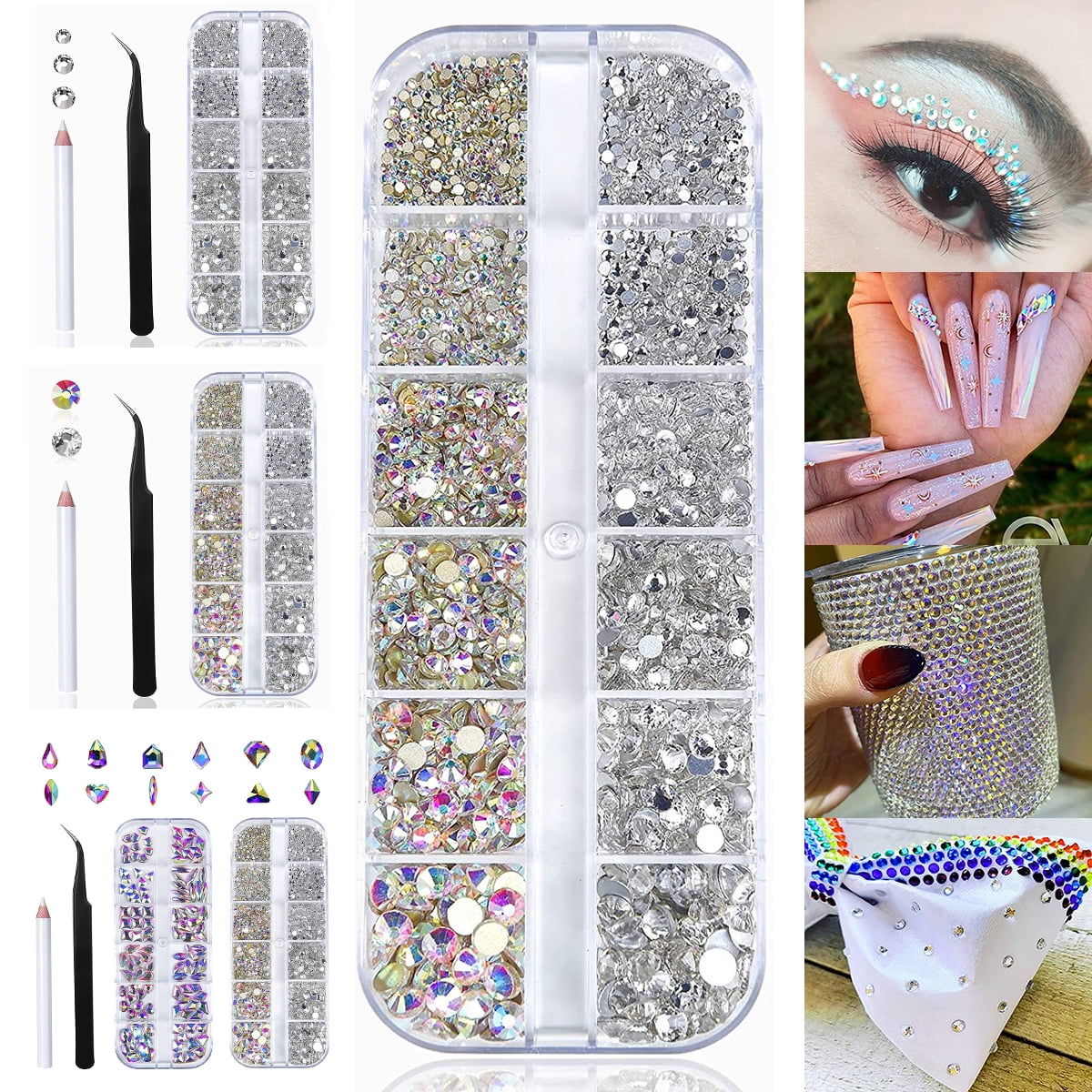 JTWEEN Nail Art Rhinestones Kit 2400pcs 6 Sizes Nail Gems Ab Flat Back ...