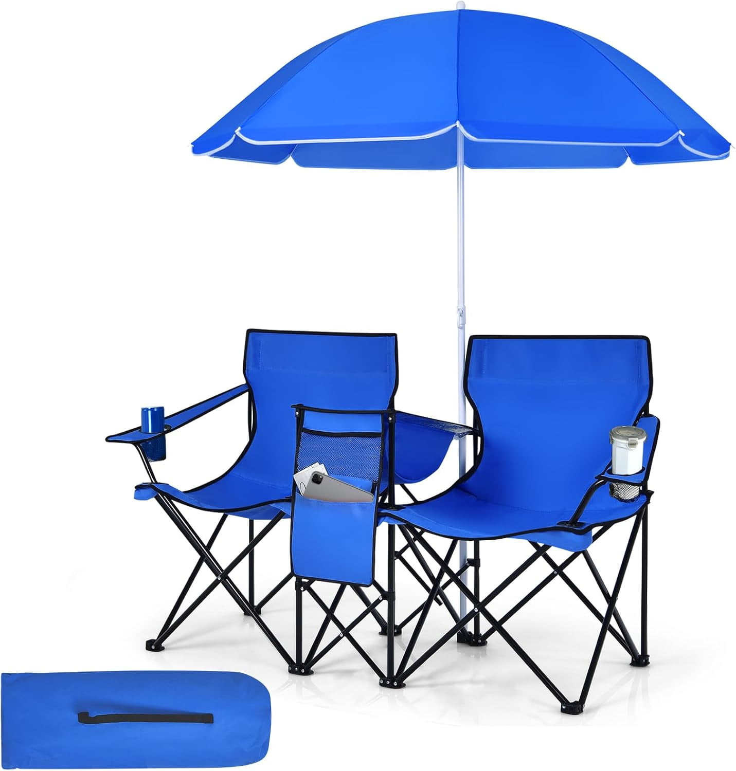 JTYUB Double Camping Chairs with Umbrella, Portable 2 Seat Folding Camp ...