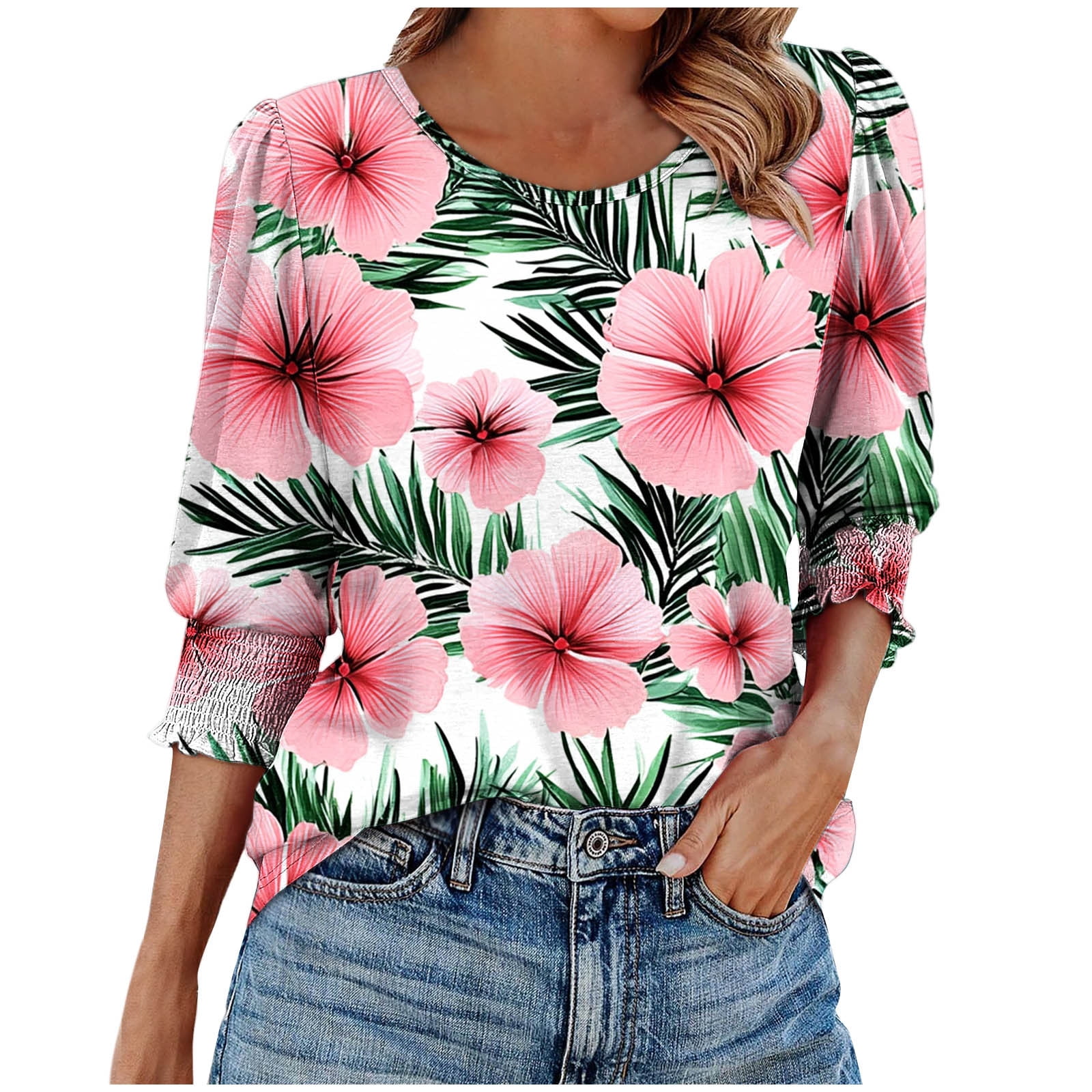 JTZGDY Blouses for Women Dressy Casual Floral Printed Smocked Cuffs 3/4 ...