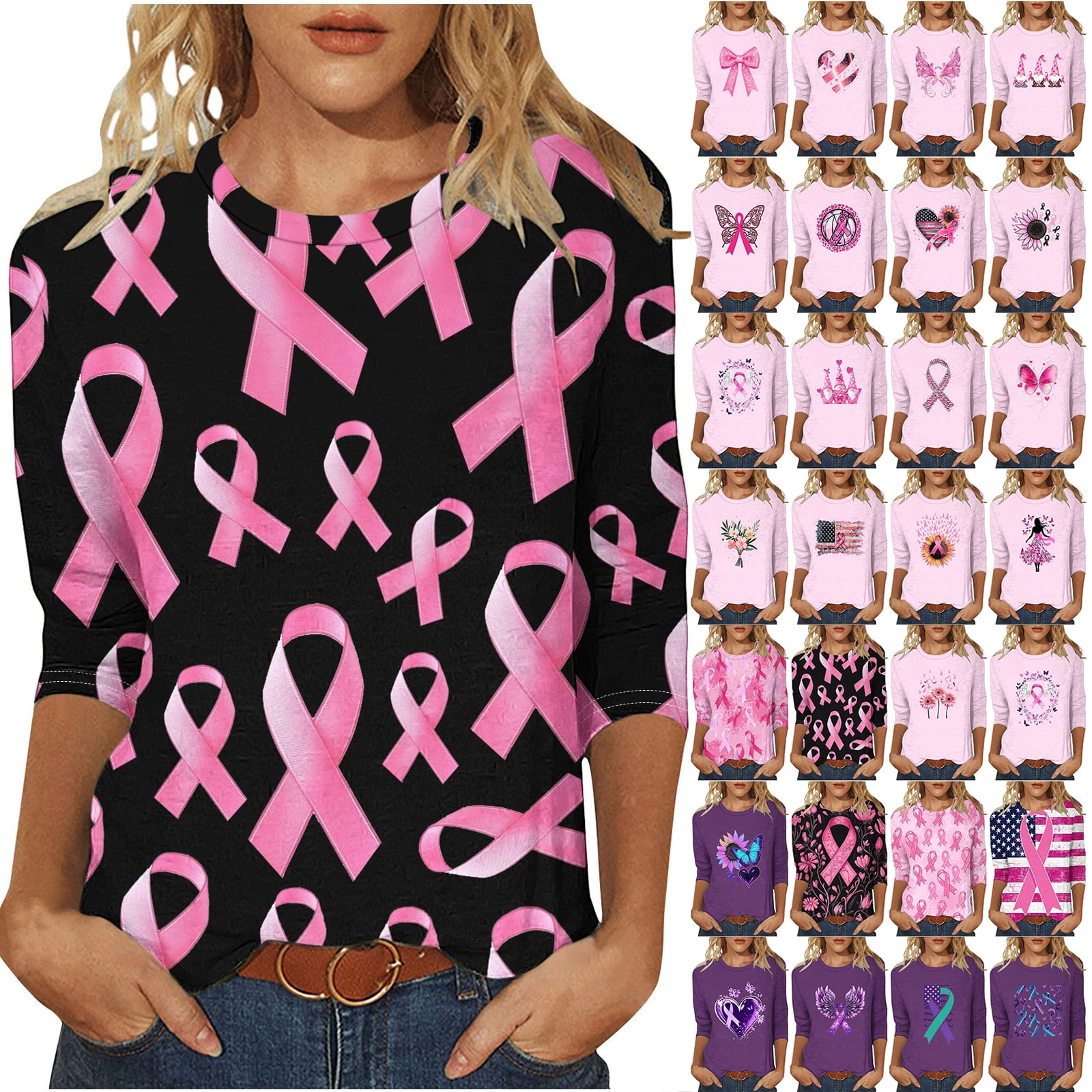 JTZGDY Breast Cancer Awareness Shirts for Women Plus Size Casual 3/4 ...