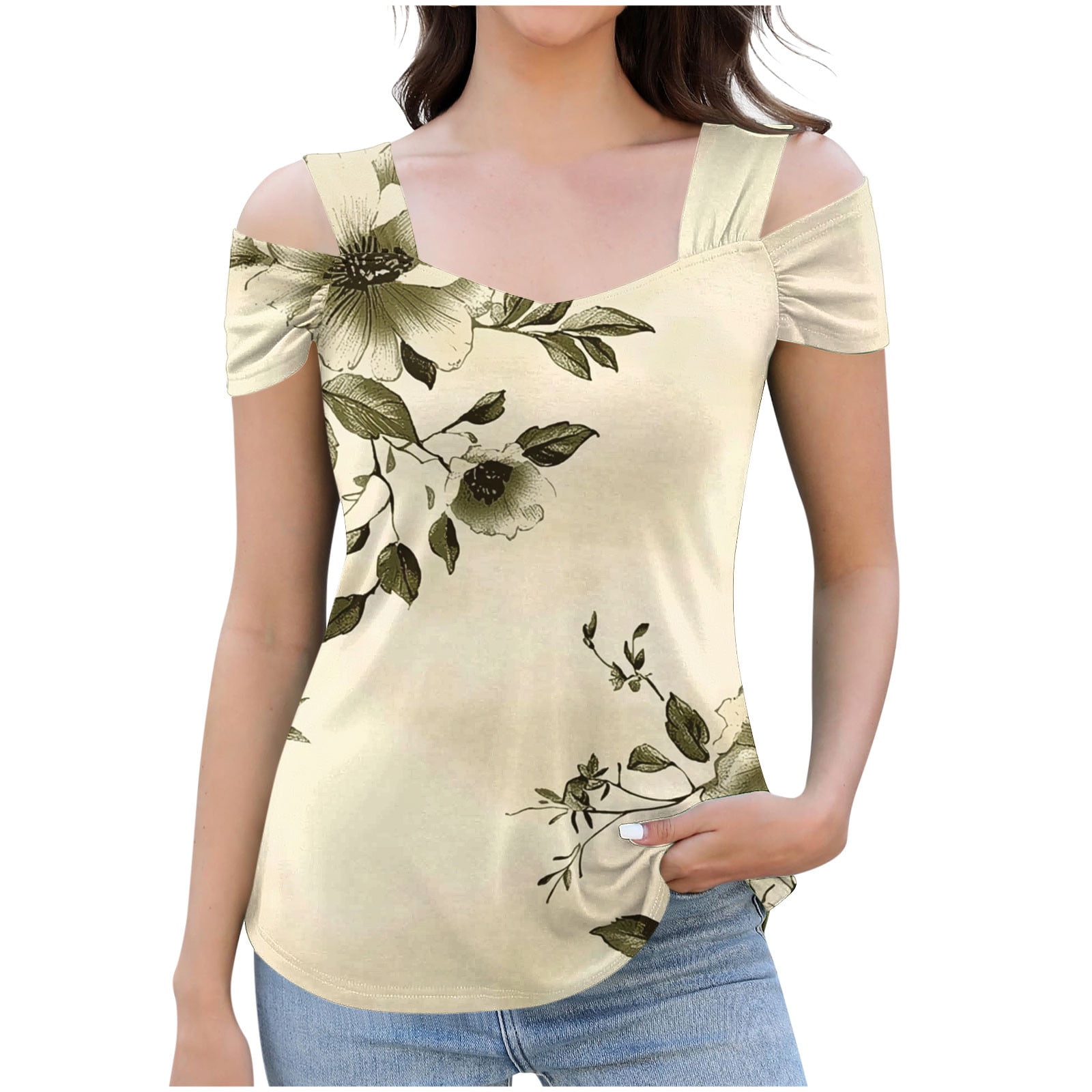 JTZGDY Cold Shoulder Tops for Women Cute Floral Pattern Printed Summer ...