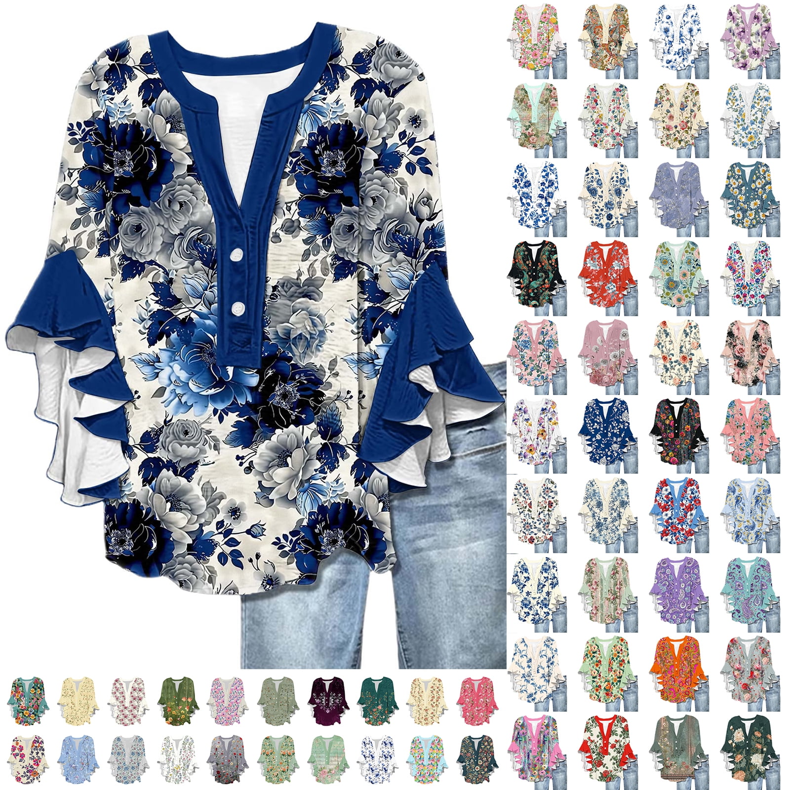 JTZGDY Elegant 3/4 Ruffle Sleeve Henely Tops for Women Boho Floral Print Summer Button V Neck ...