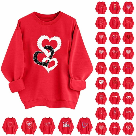 JTZGDY Fashion Valentines Tops for Women Red Sweatshirts Cute Heart Pattern Print Long Sleeve ...
