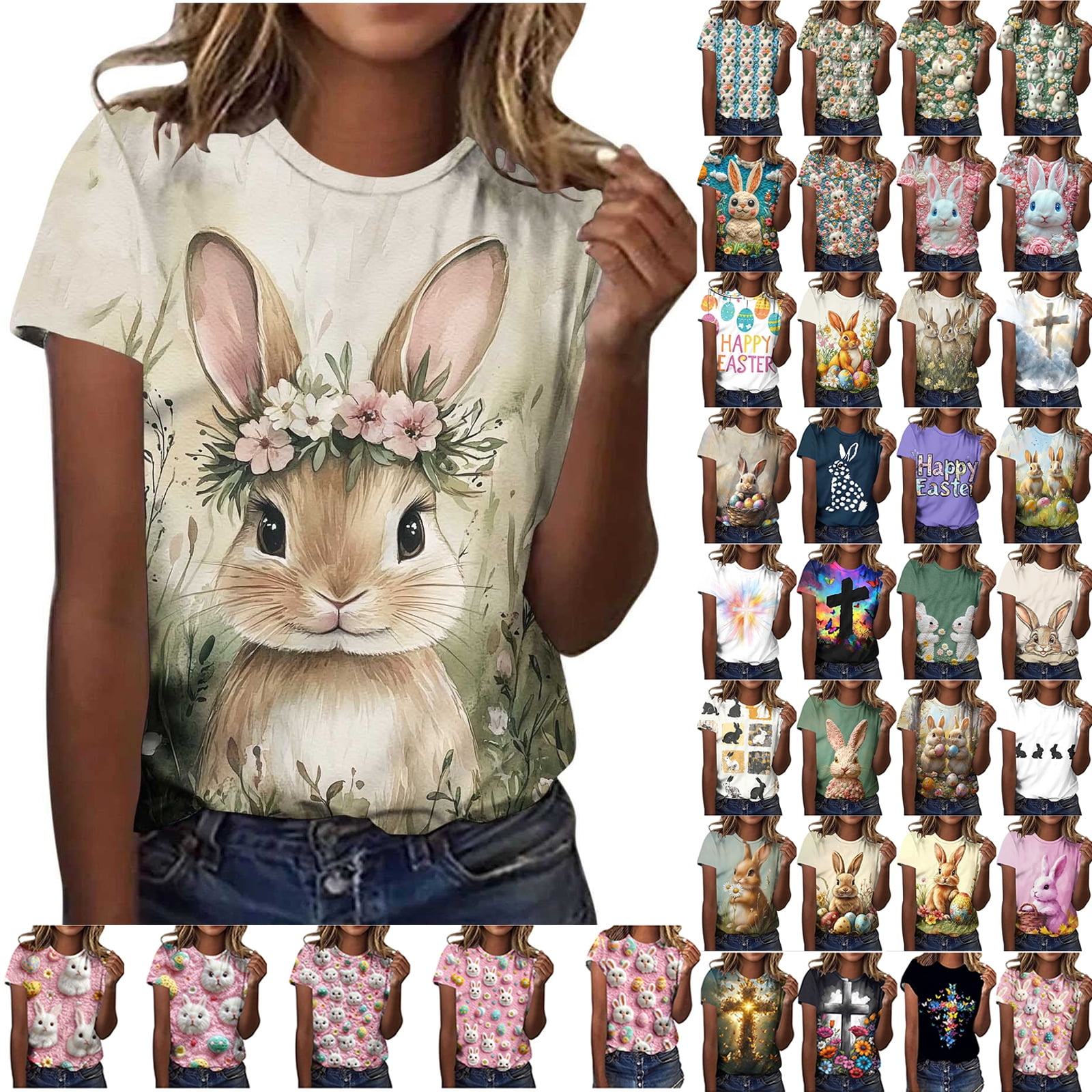 JTZGDY Plus Size Easter Shirts for Women 2025 Bunny Print Short Sleeve ...