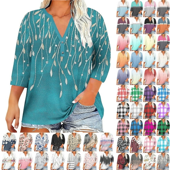 JTZGDY Plus Size Tops for Women Trendy 3/4 Length Sleeve Button V Neck ...