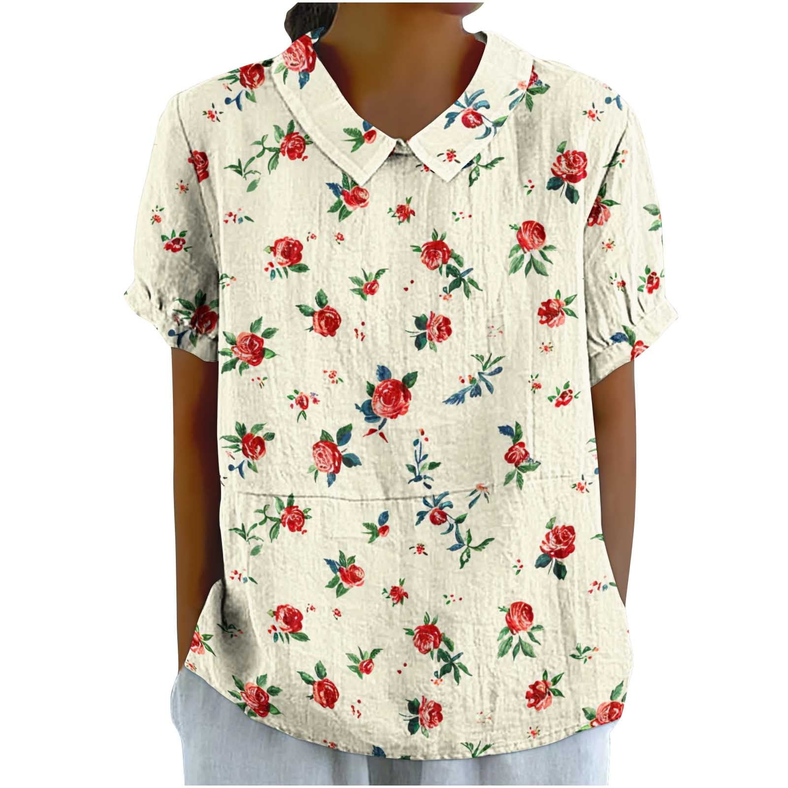 JTZGDY Plus Size Women Linen Shirts Dressy Casual Floral Printed Summer Short Sleeve Oversized ...