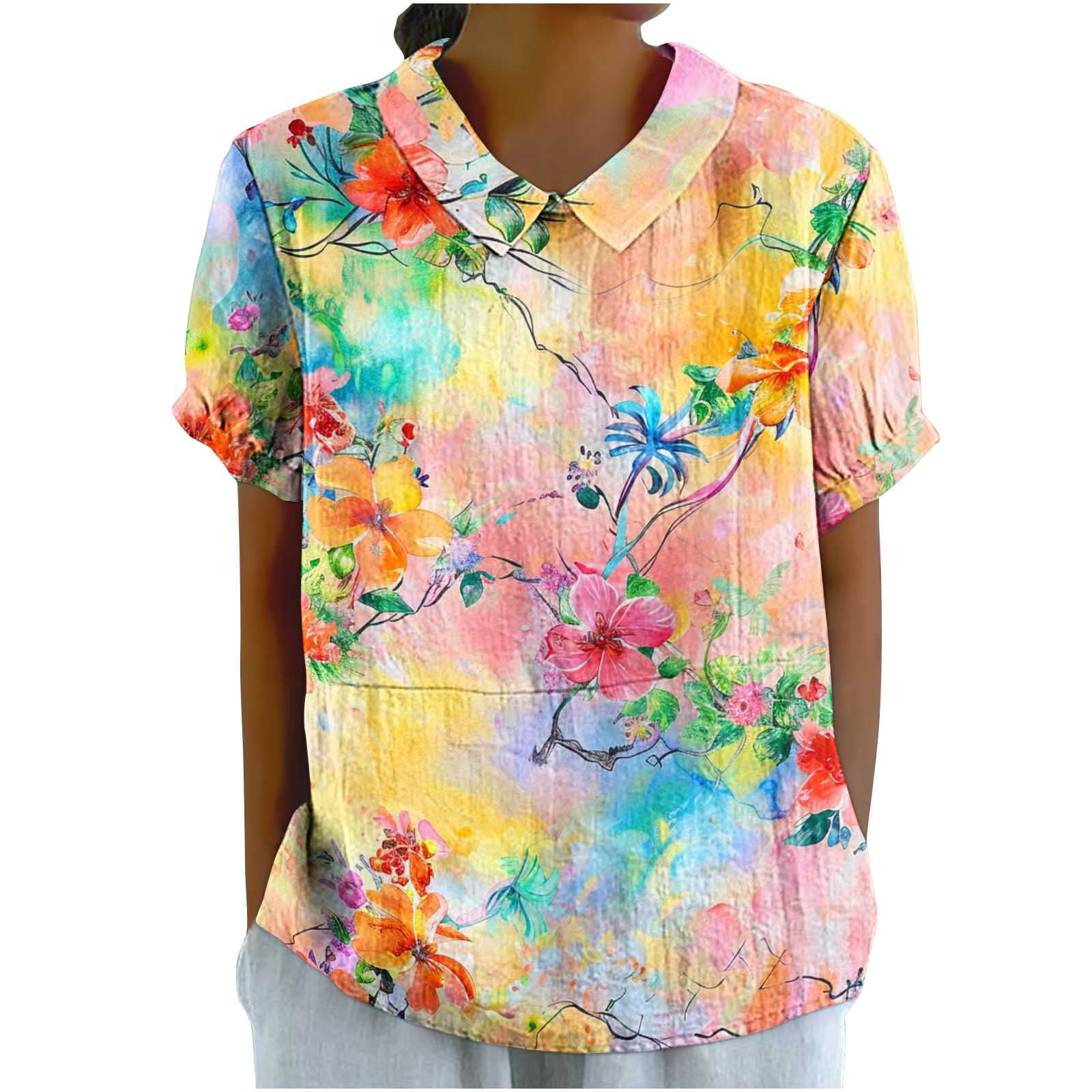 JTZGDY Plus Size Women Linen Shirts Dressy Casual Floral Printed Summer Short Sleeve Oversized ...