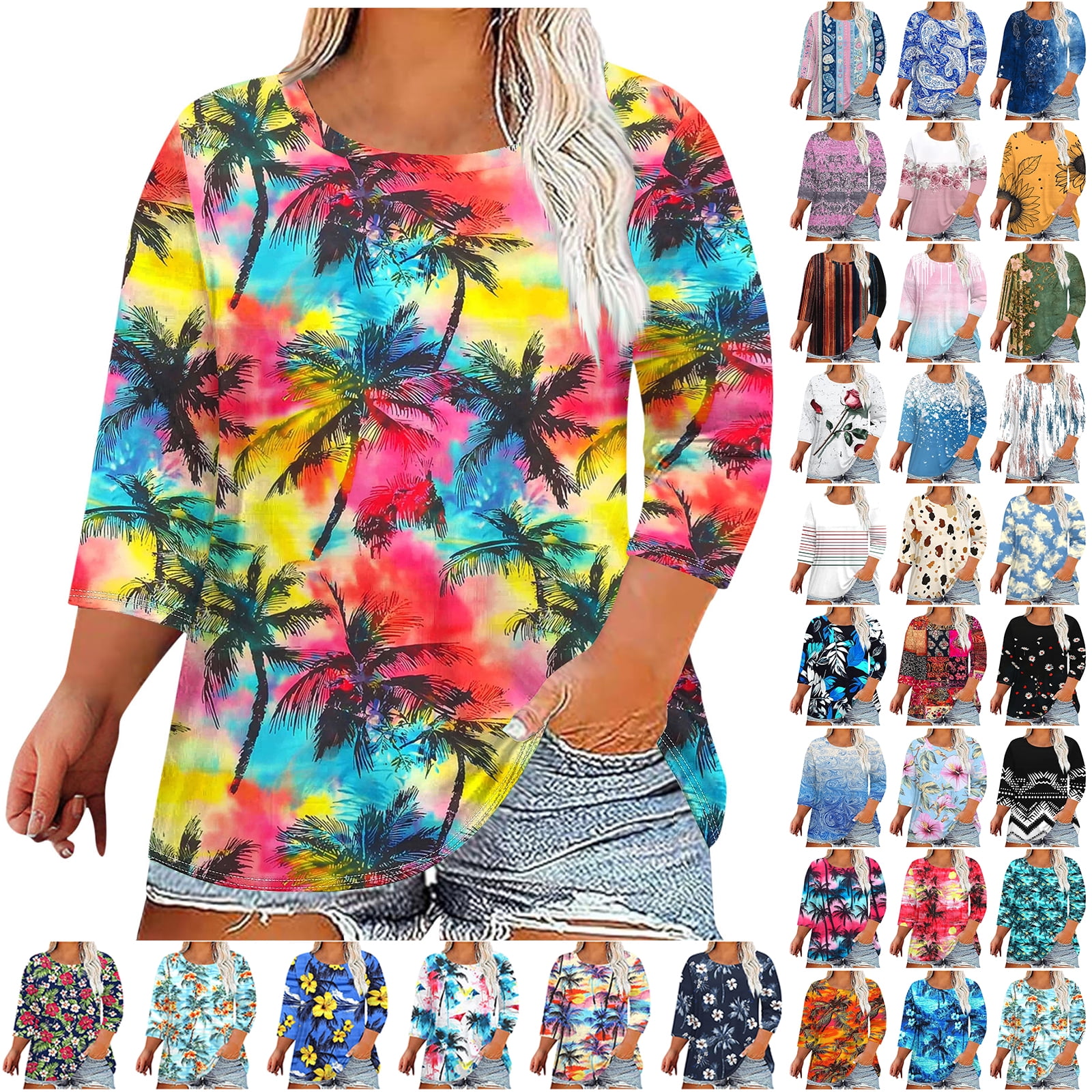 JTZGDY Plus Size Womens 3/4 Sleeve Tops Vintage Floral Printed Summer Graphic T-Shirts Loose ...