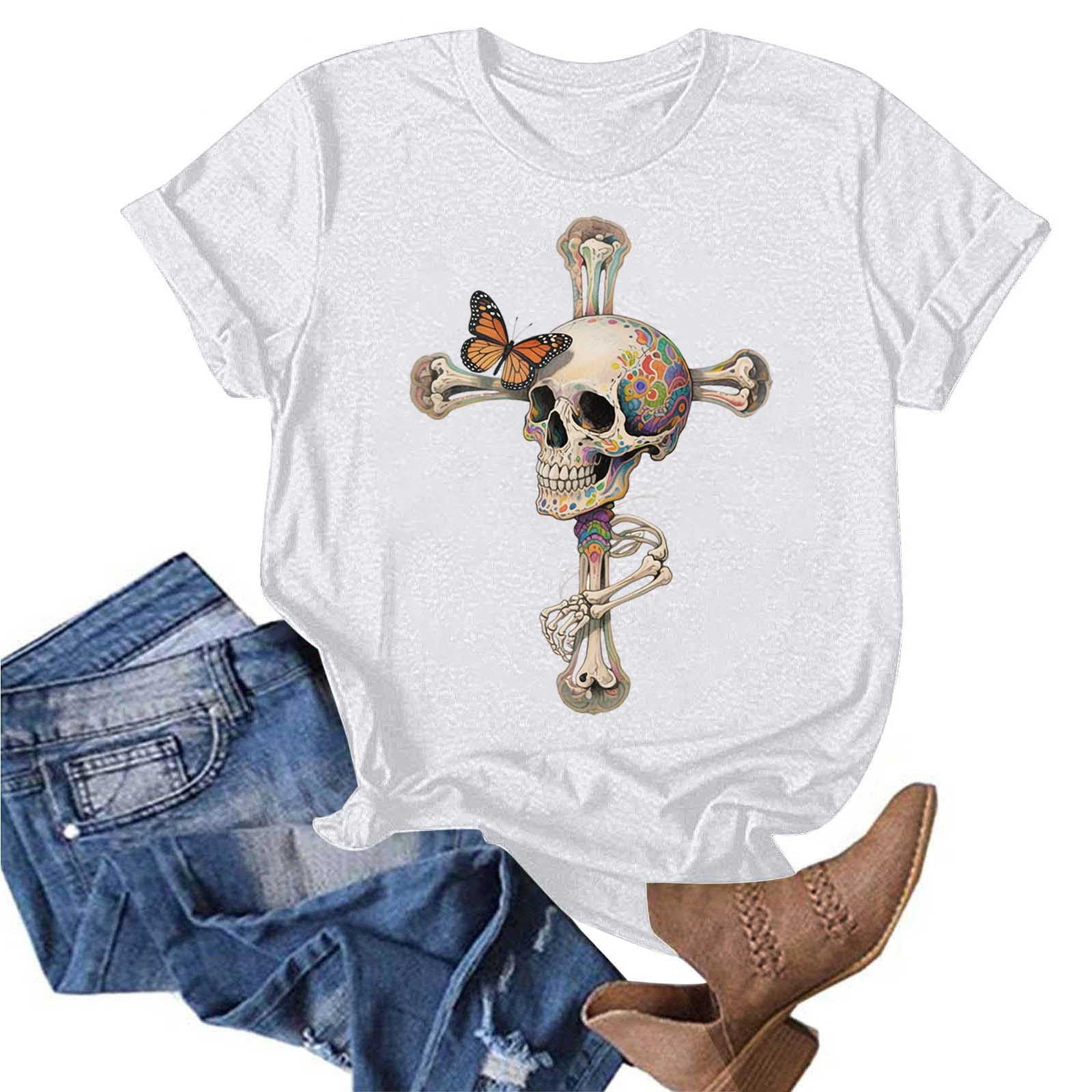 JTZGDY Skeleton Tops for Women Funny Floral Printed Summer Short Sleeve ...