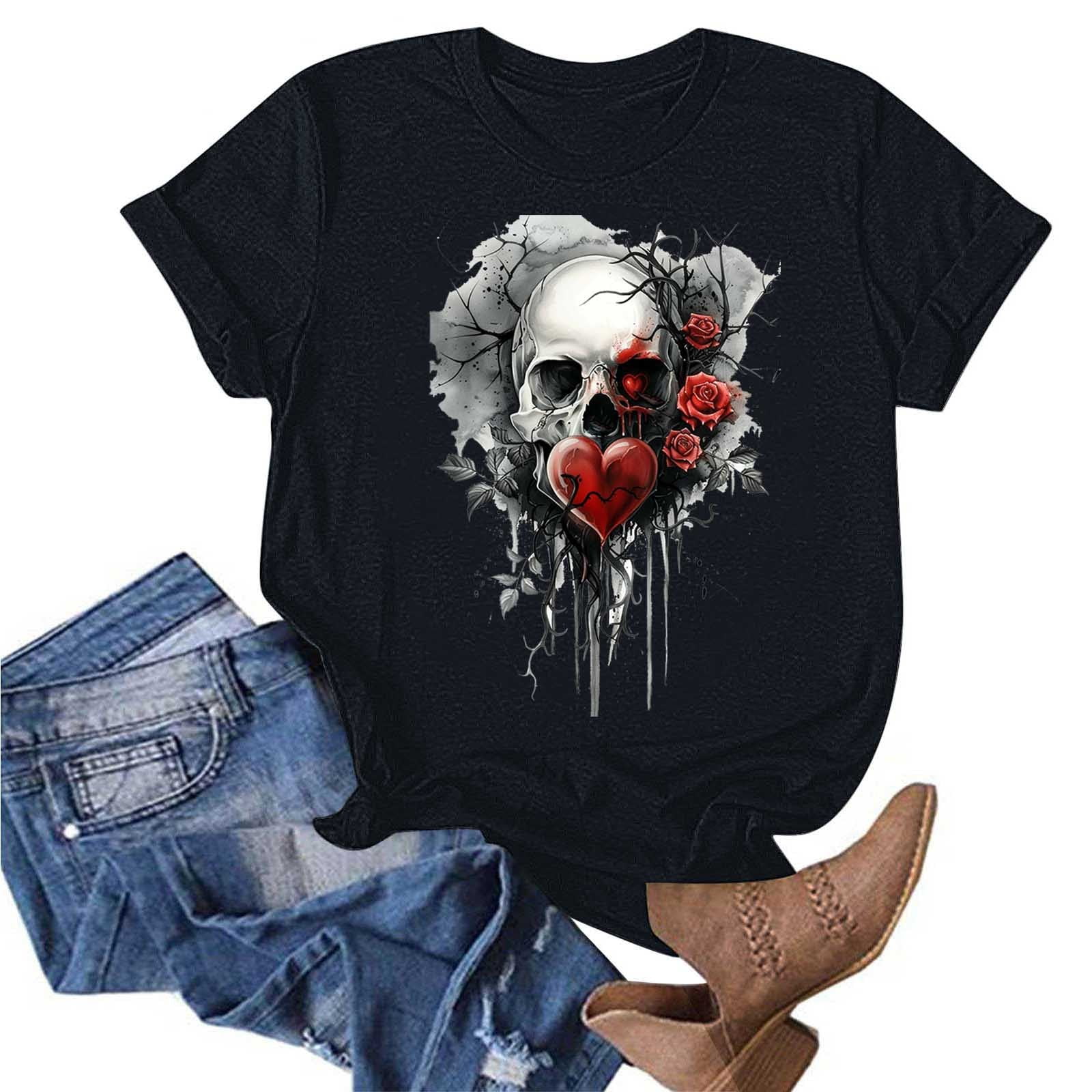 JTZGDY Skeleton Tops for Women Funny Floral Printed Summer Short Sleeve Graphic T-Shirts Trendy ...