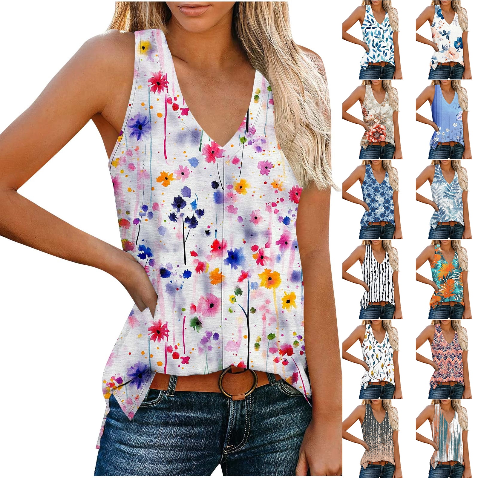 JTZGDY Sleeveless Shirts for Women Boho Floral Printed Summer Summer V Neck Basic Workout Tank ...