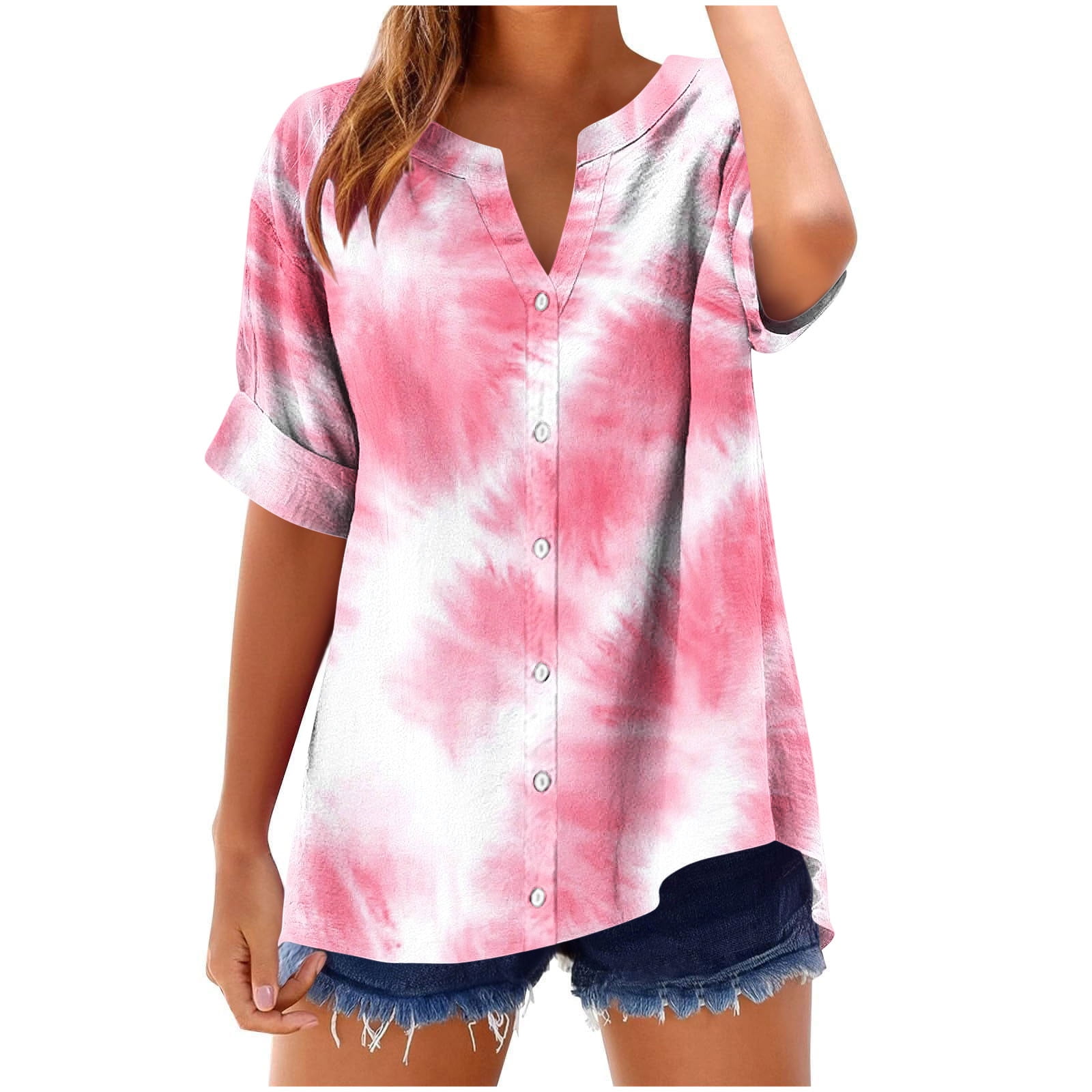 JTZGDY Summer Floral Shirts for Women 2025 Gauze Short Sleeve Tie Dye V ...