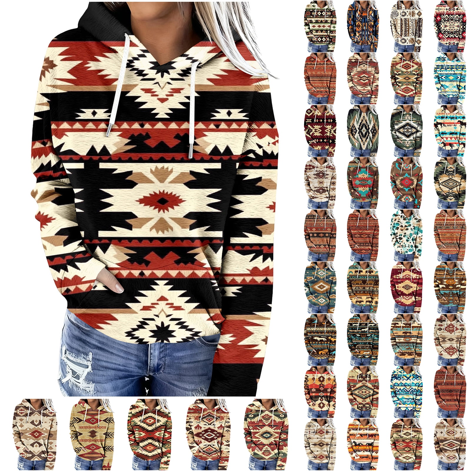 JTZGDY Vintage Hooded Sweatshirts for Women Fashion Aztec Print Ethnic ...