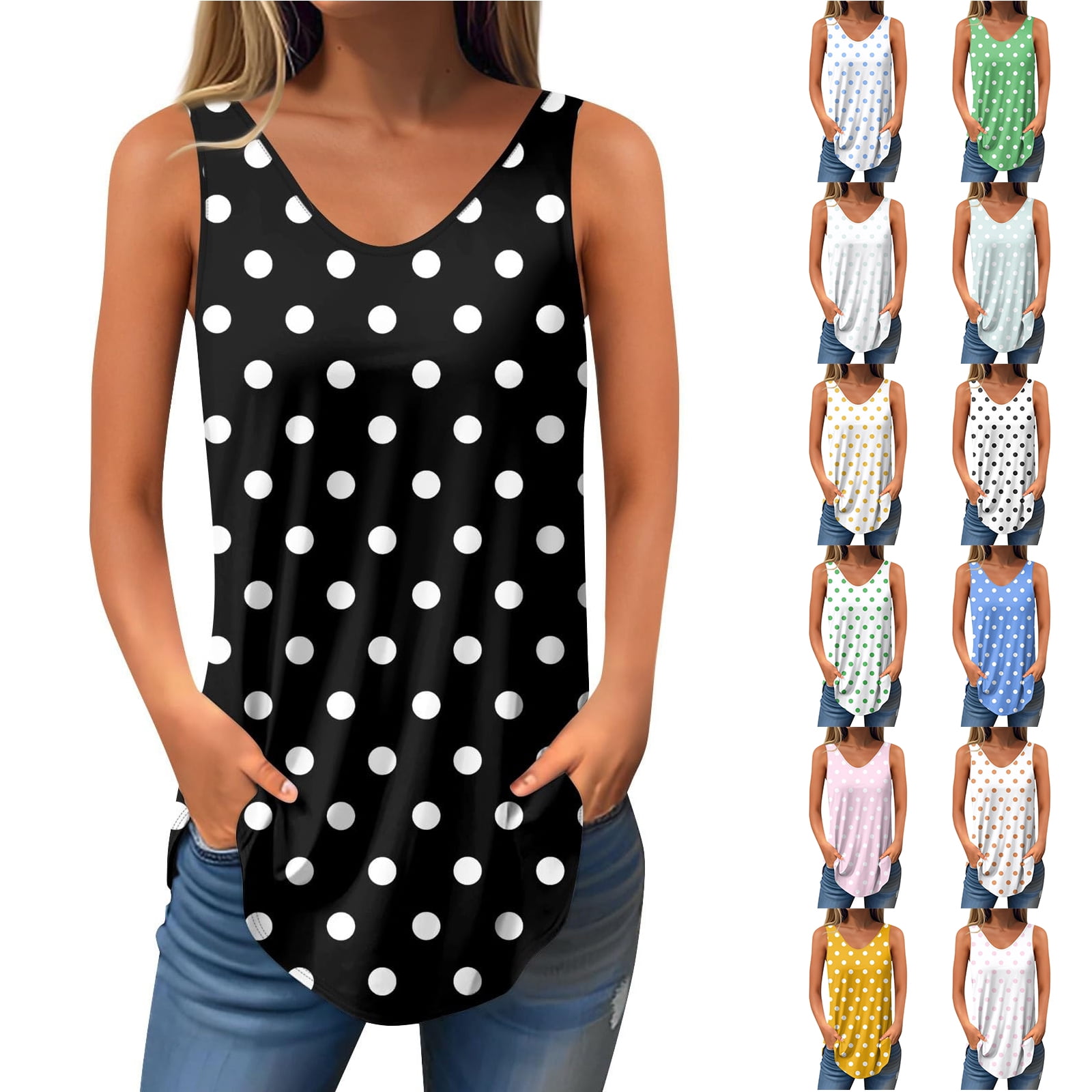JTZGDY Women's 2025 Summer Tank Tops Dressy Casual Polka Dot Printed Sleeveless Chiffon Blouses ...